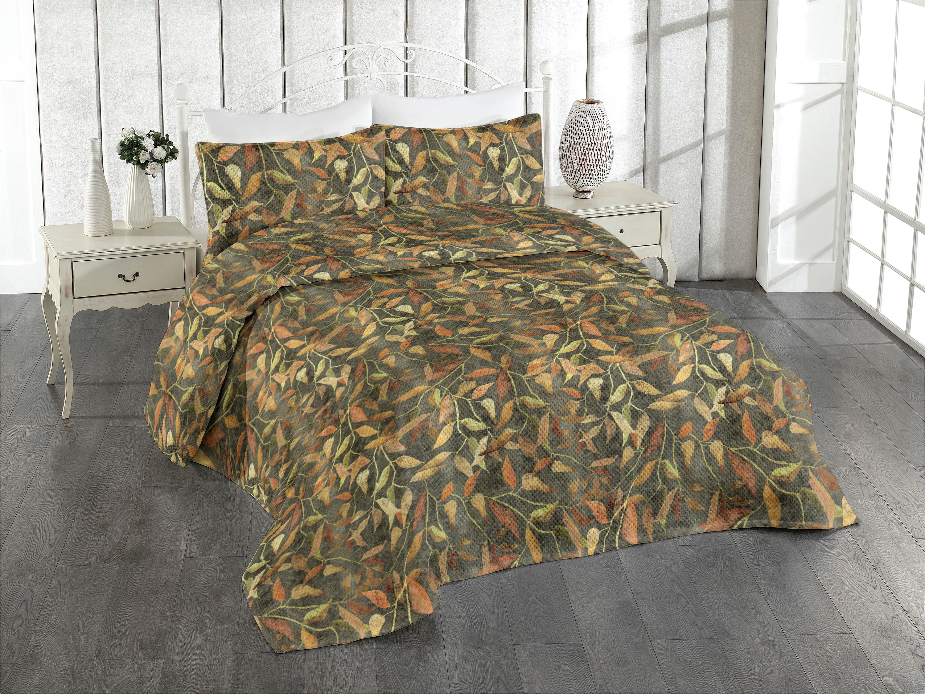 Ambesonne Autumn Themed Quilted Bedspread Set 3 Pcs, Fall Leaves ...