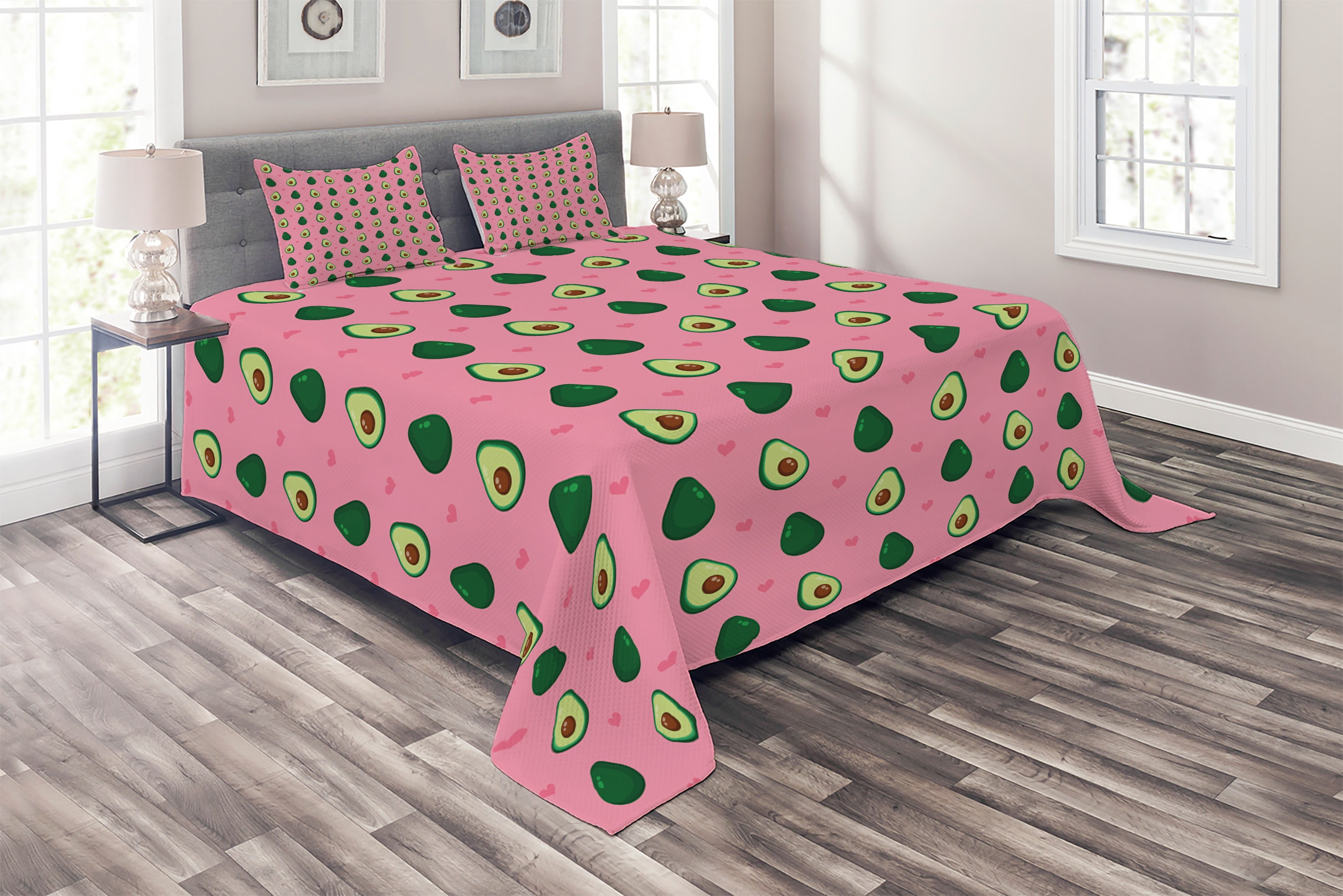 Ambesonne Avocado Quilted Coverlet 3 Pcs, Halved Fruit and Heart Art ...