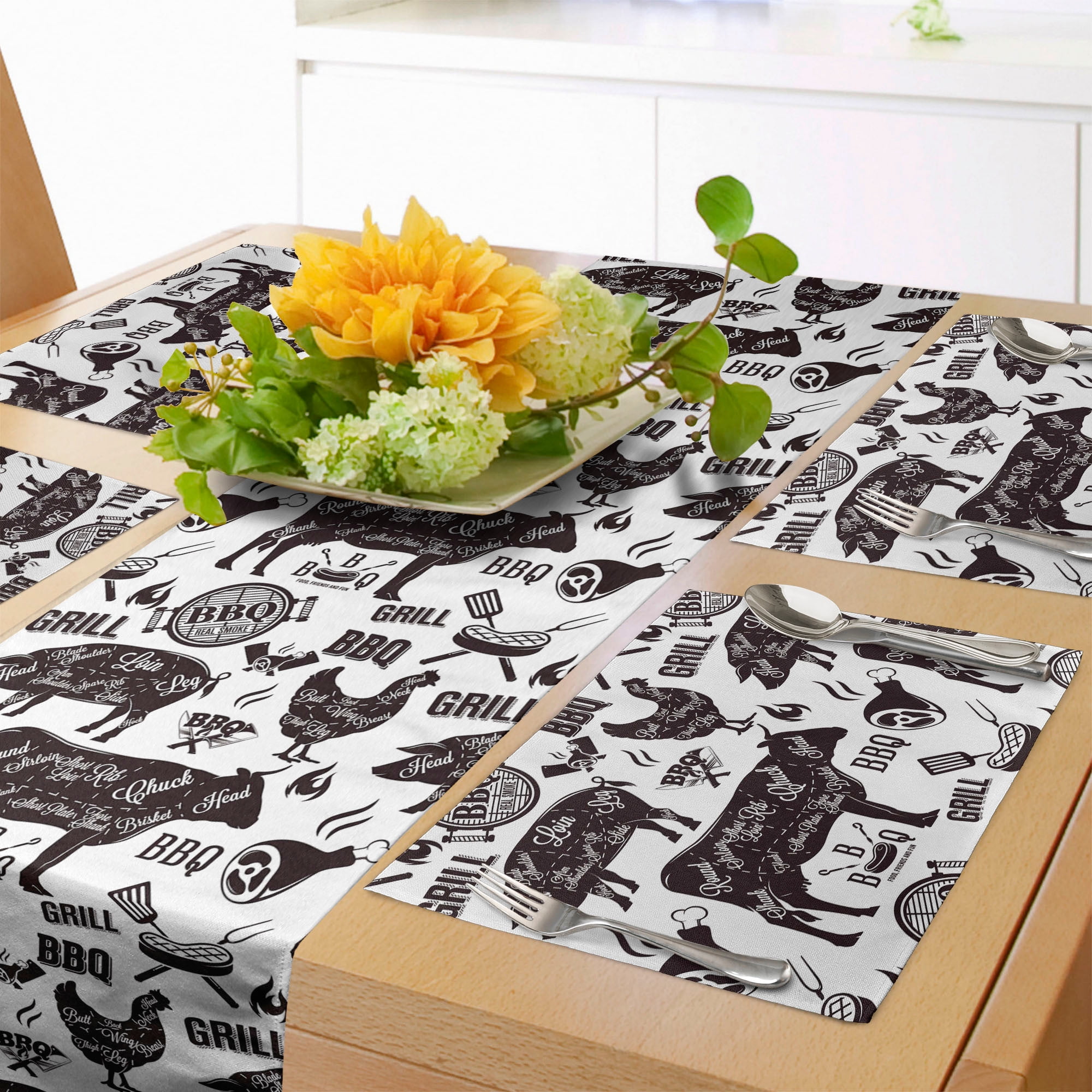 Ambesonne BBQ Table Runner & Placemats, Food Friends and Fun Lettering ...