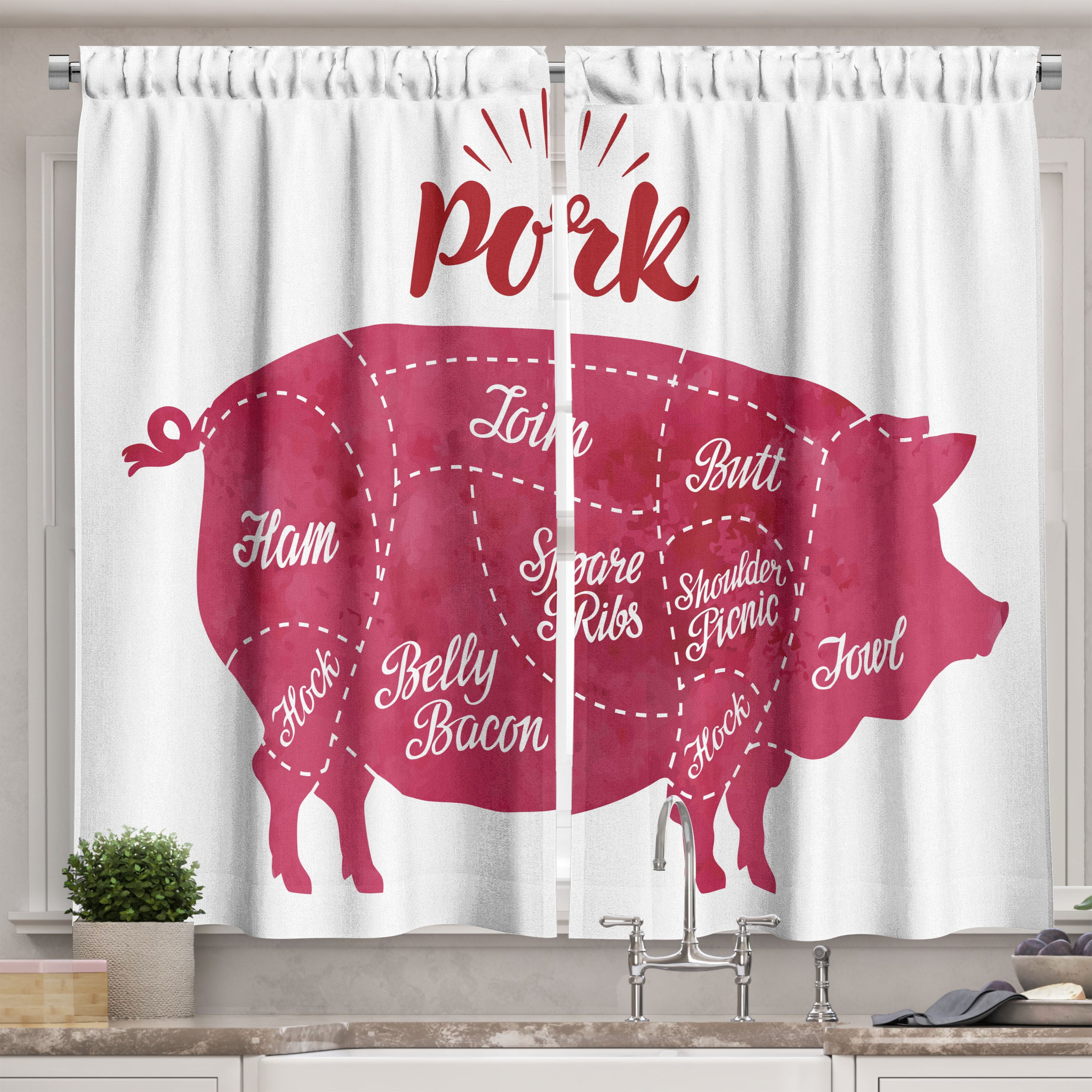 Ambesonne Bacon Kitchen Curtains, Cutting Pig Meat Diagram, 55"x45 ...