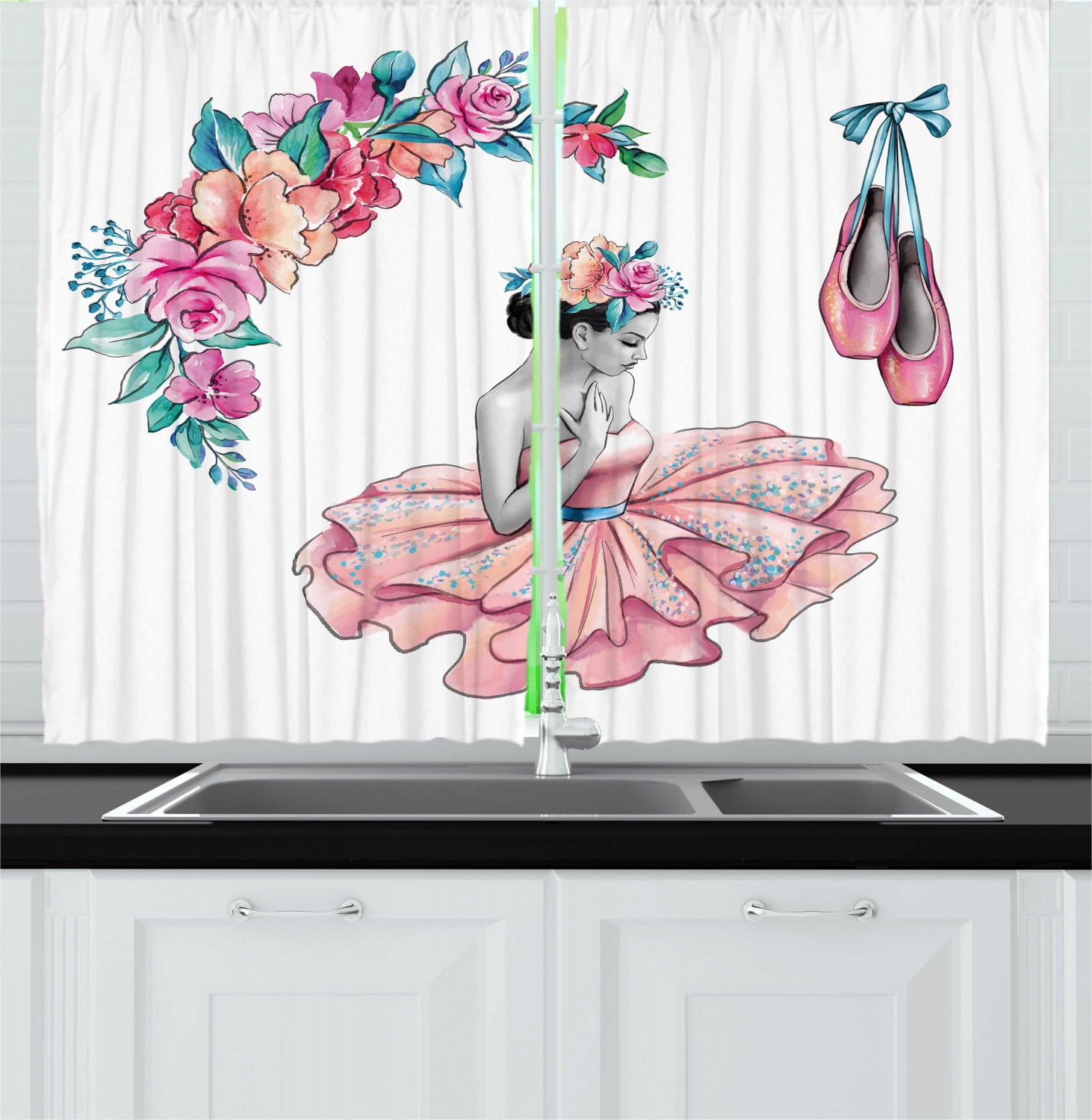 Ambesonne Ballerina Kitchen Curtains, Dancer Girl in Flowers, 55"x39 ...