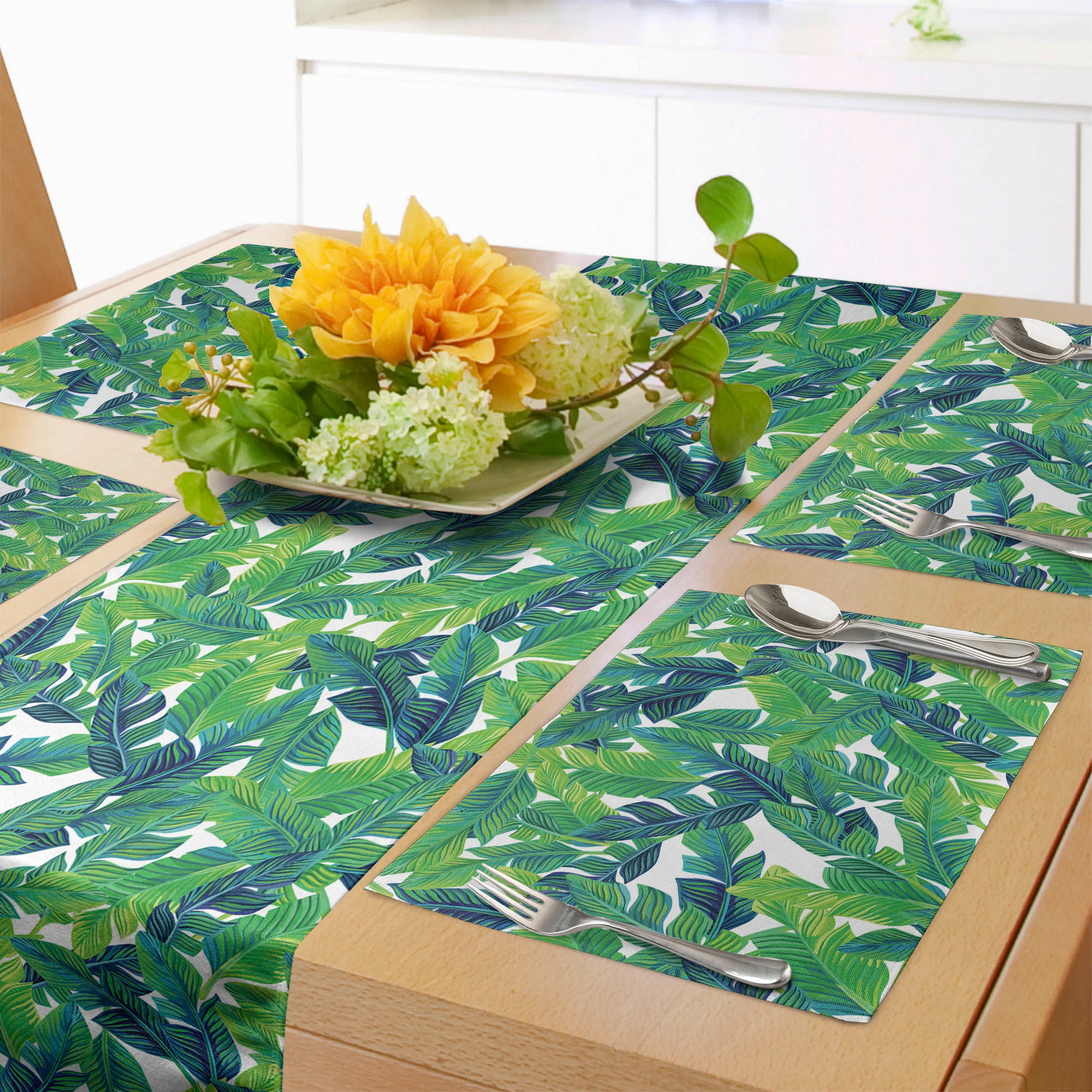 Ambesonne Banana Leaf Table Runner & Placemats, Brazilian Tropical Leaf ...