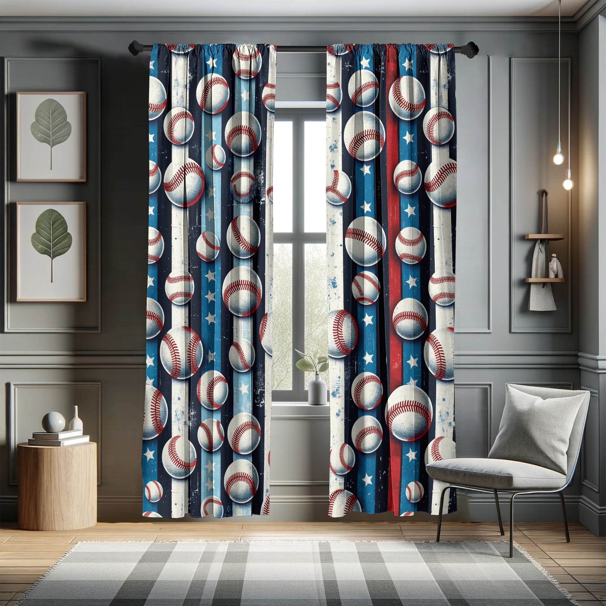 Ambesonne Baseball Curtains, Ball Pattern 4th of July, Pair of 28"x84 ...