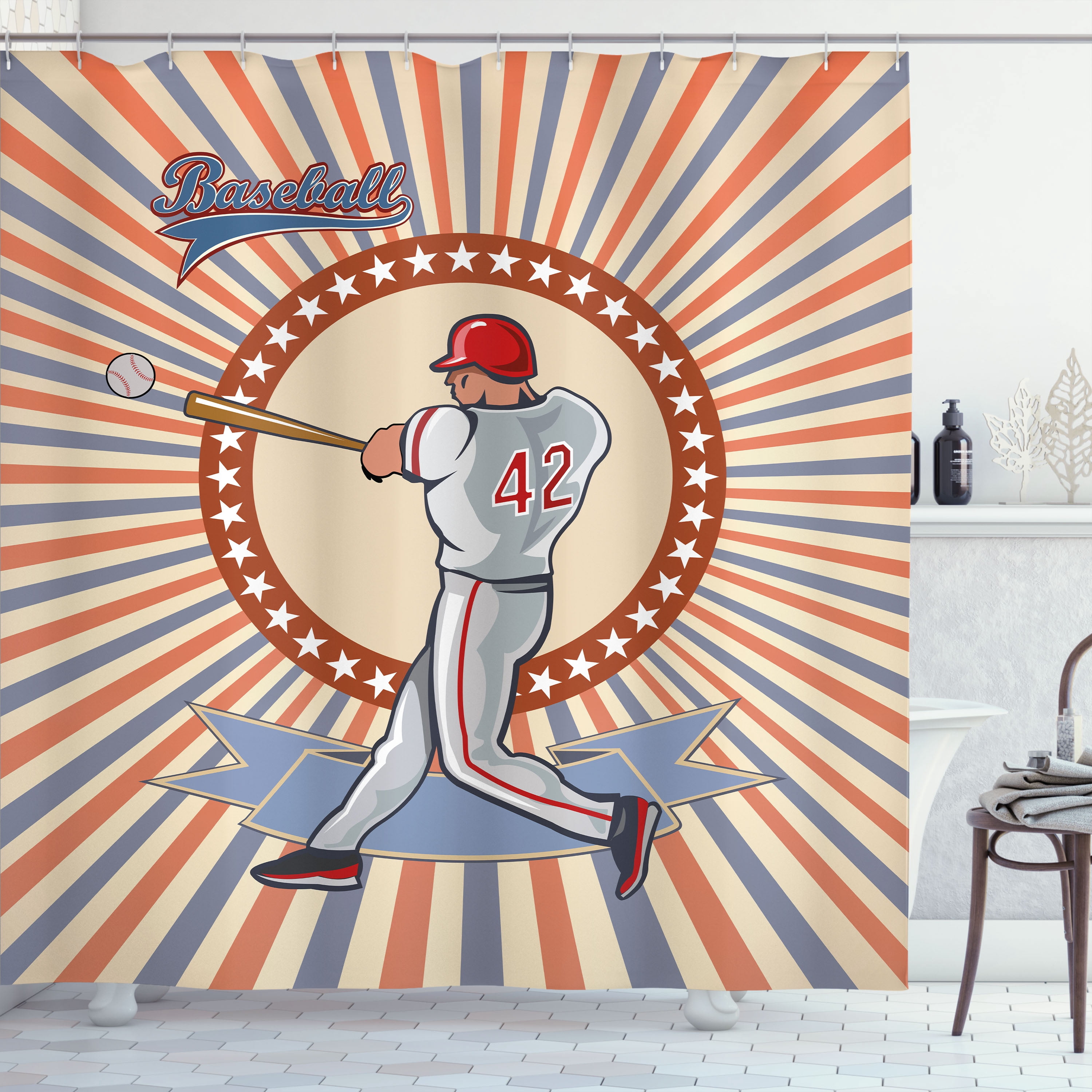 Ambesonne Baseball Shower Curtain, Sportsman Retro Sunburst, 69"Wx70"L ...