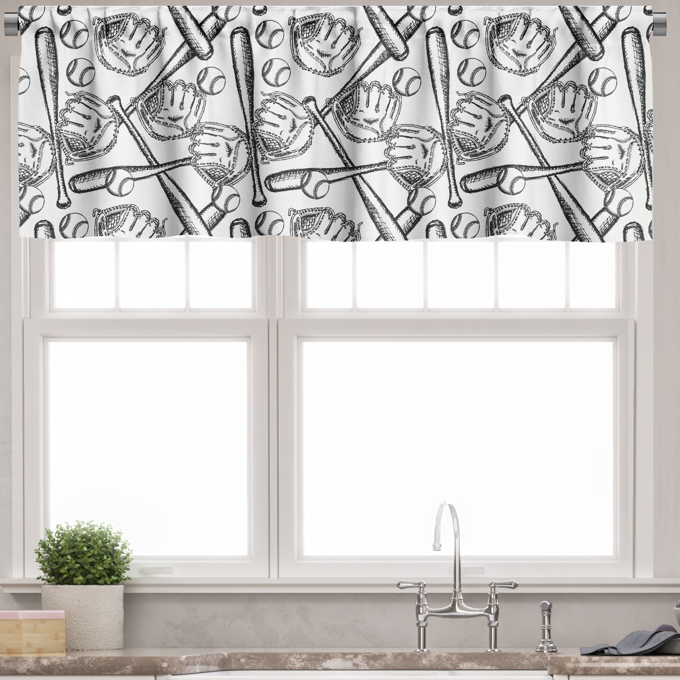 Ambesonne Baseball Window Valance, Sketch Style Glove Bat, 54" X 12 ...