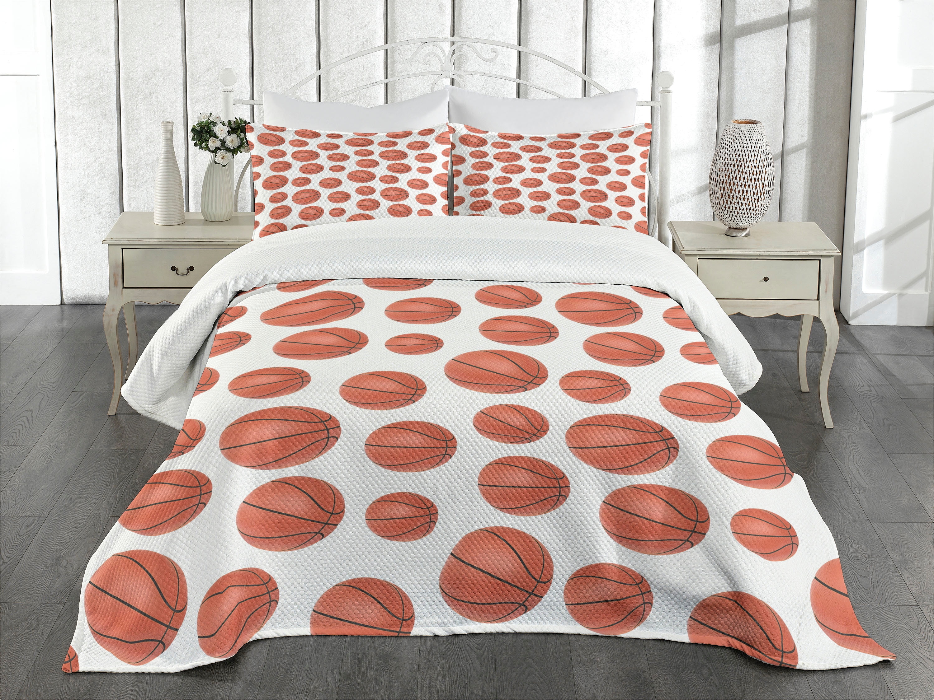 Ambesonne Basketball Quilted Bedspread Set 3 Pcs, Realistic Style Ball ...
