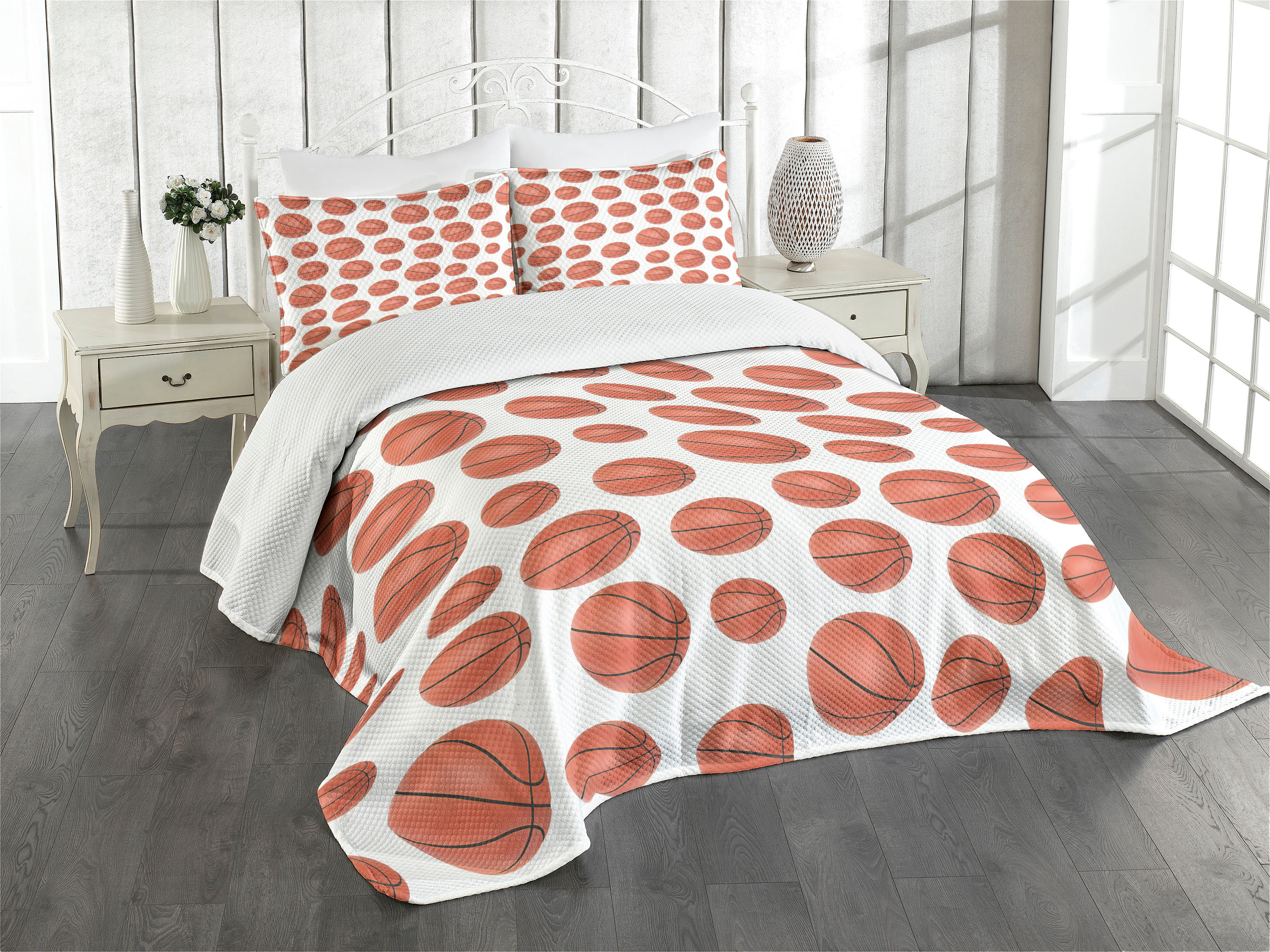 Ambesonne Basketball Quilted Bedspread Set 3 Pcs, Realistic Style Ball ...