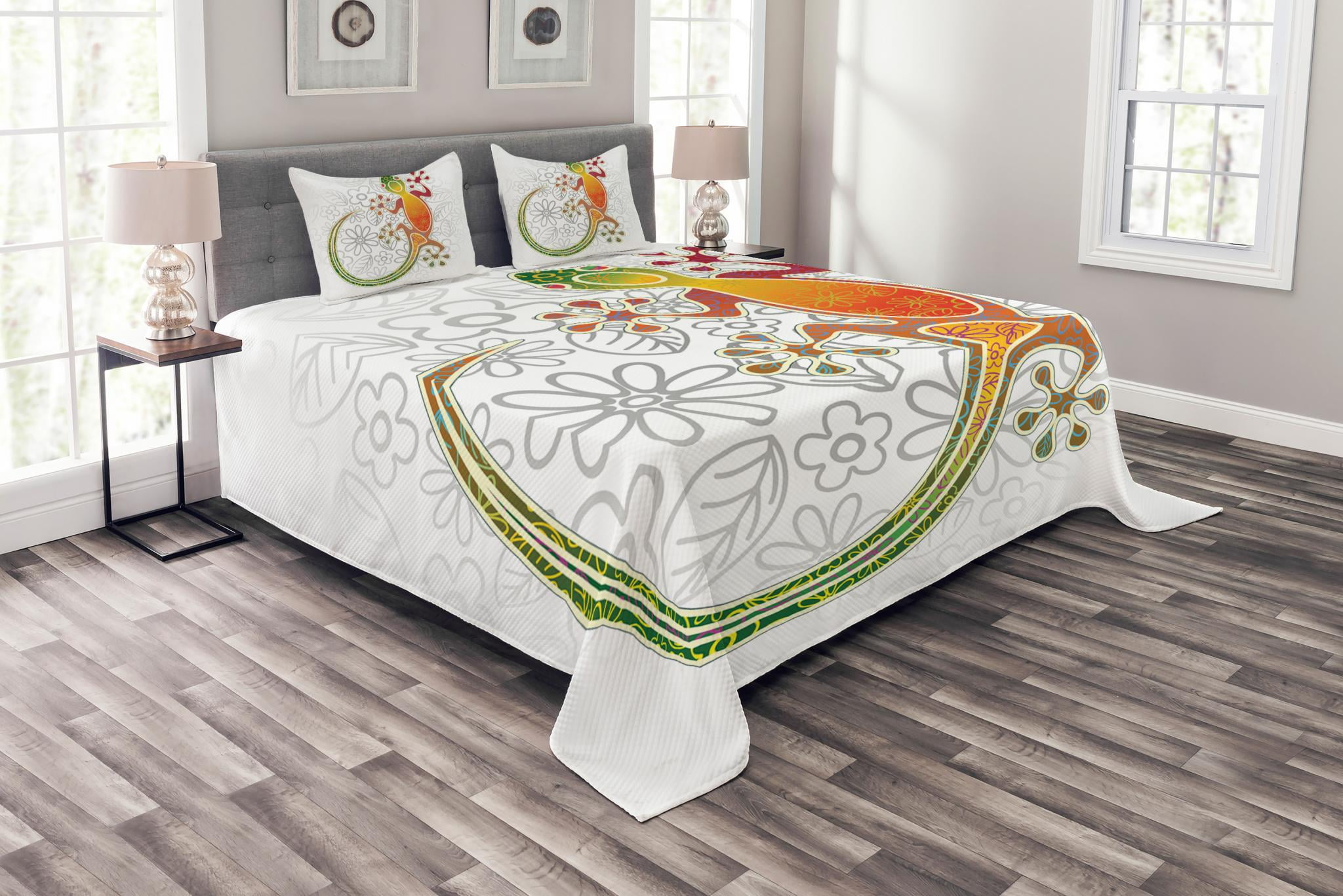 Ambesonne Batik Quilted Bedspread Set 3 Pcs, Art Frog Flowers, Queen ...