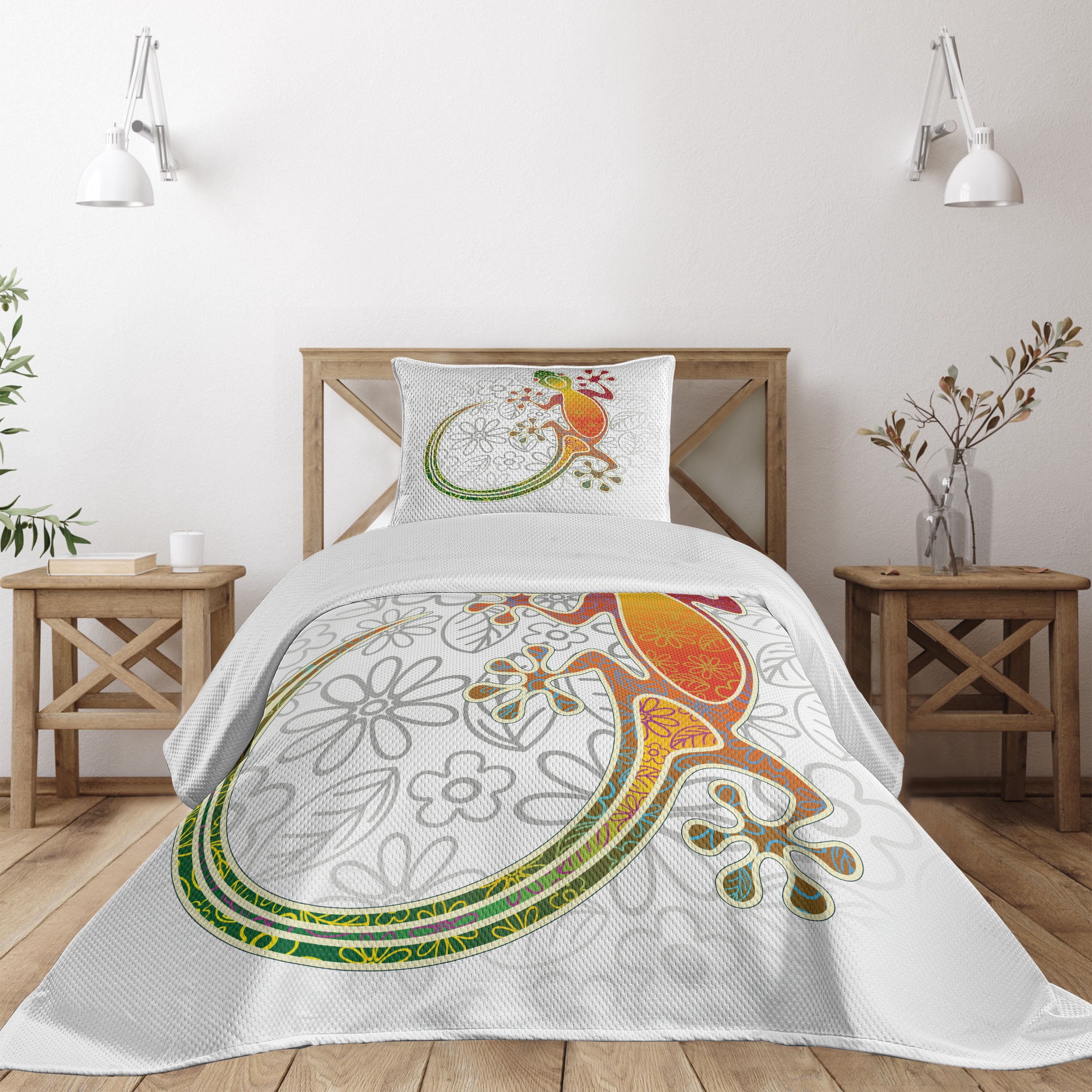 Ambesonne Batik Quilted Coverlet 2 Pcs, Art Frog Flowers, Twin Size ...