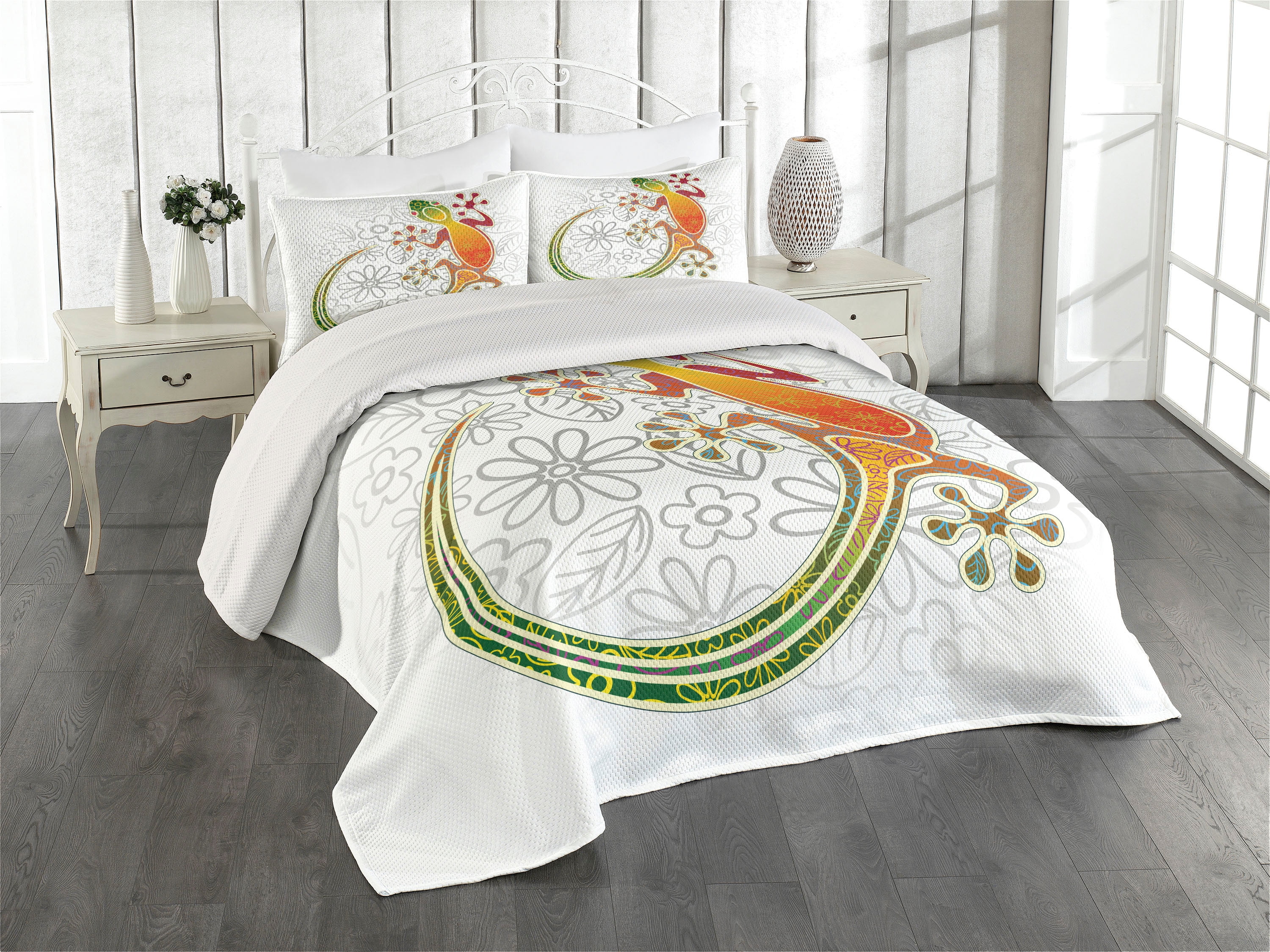 Ambesonne Batik Quilted Coverlet 3 Pcs, Art Frog Flowers, King Size ...