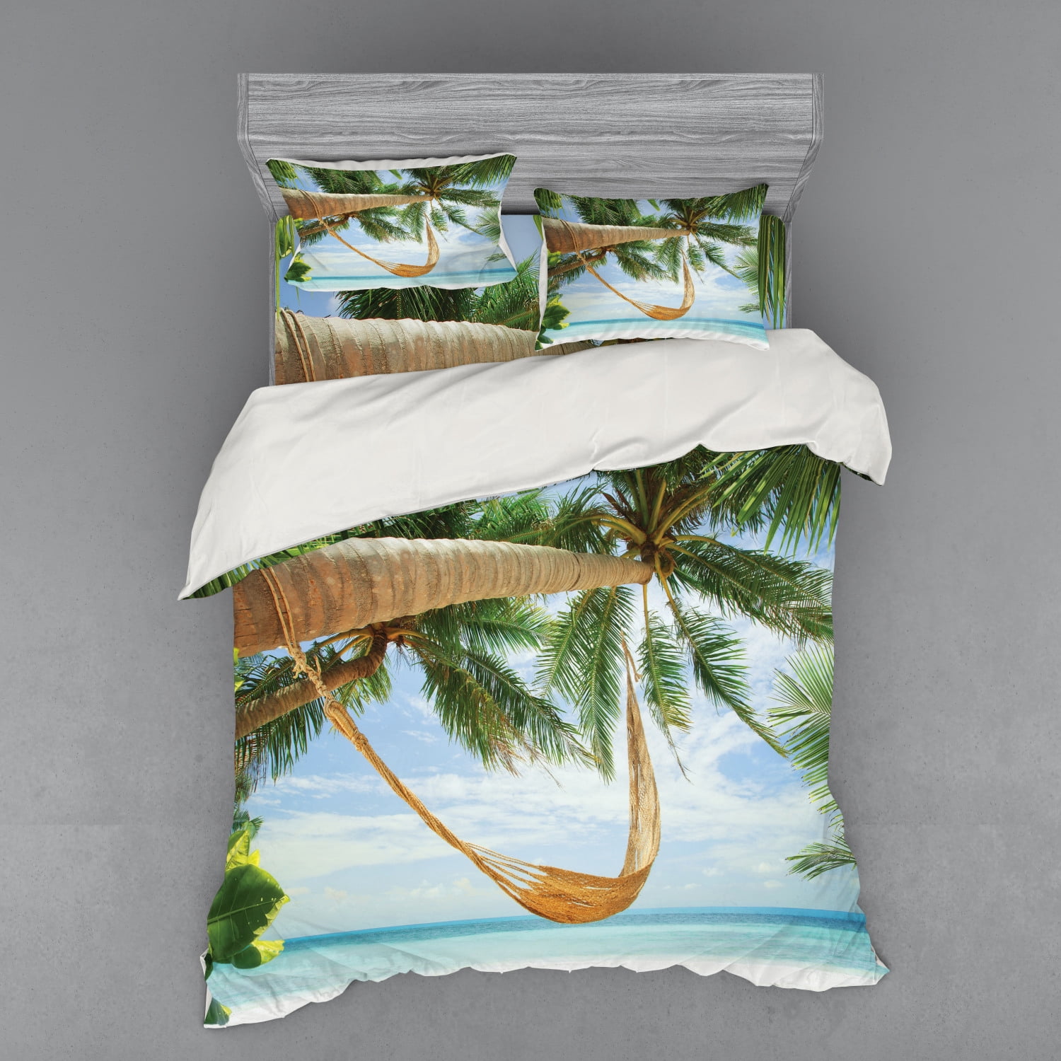 Ambesonne Beach Bedding Set 4 Pcs, Ocean Sandy Shore Palm, Queen, Green ...