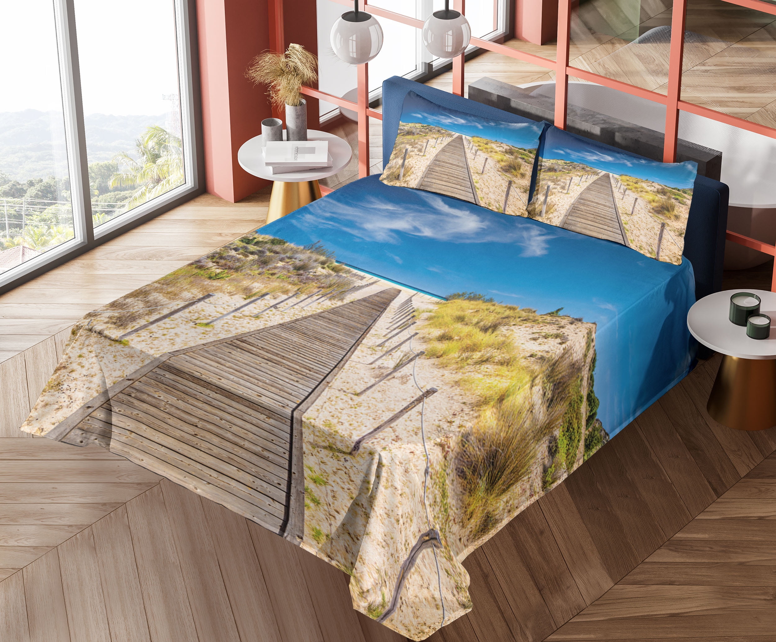 Ambesonne Beach Fitted & Top Sheet Set with Shams, Idyllic Tranquil ...