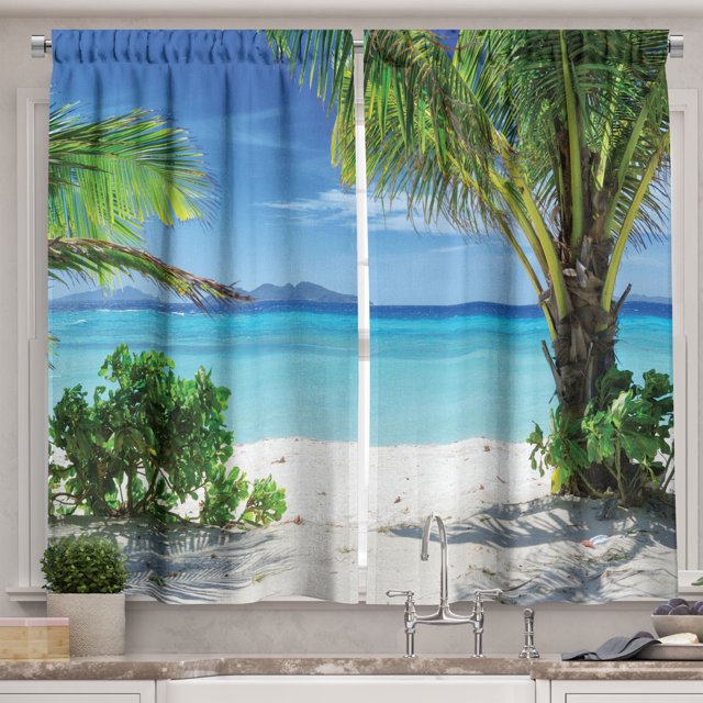 Ambesonne Beach Kitchen Curtains, Idyllic Oceanic Resort, 55"x45 ...