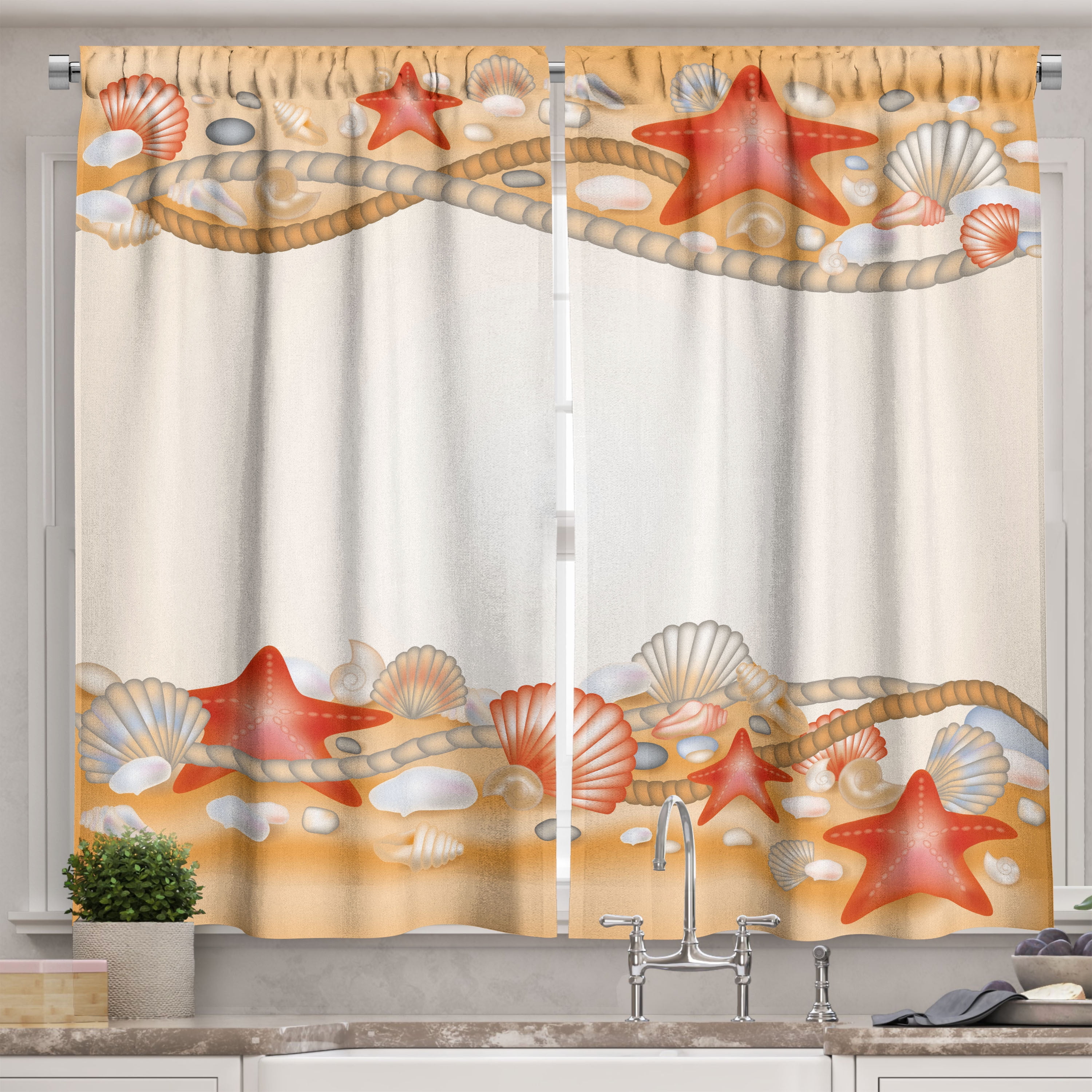 Ambesonne Beach Kitchen Curtains, Sand Seashells Themed Print, 55"x39", Pale Orange and ...