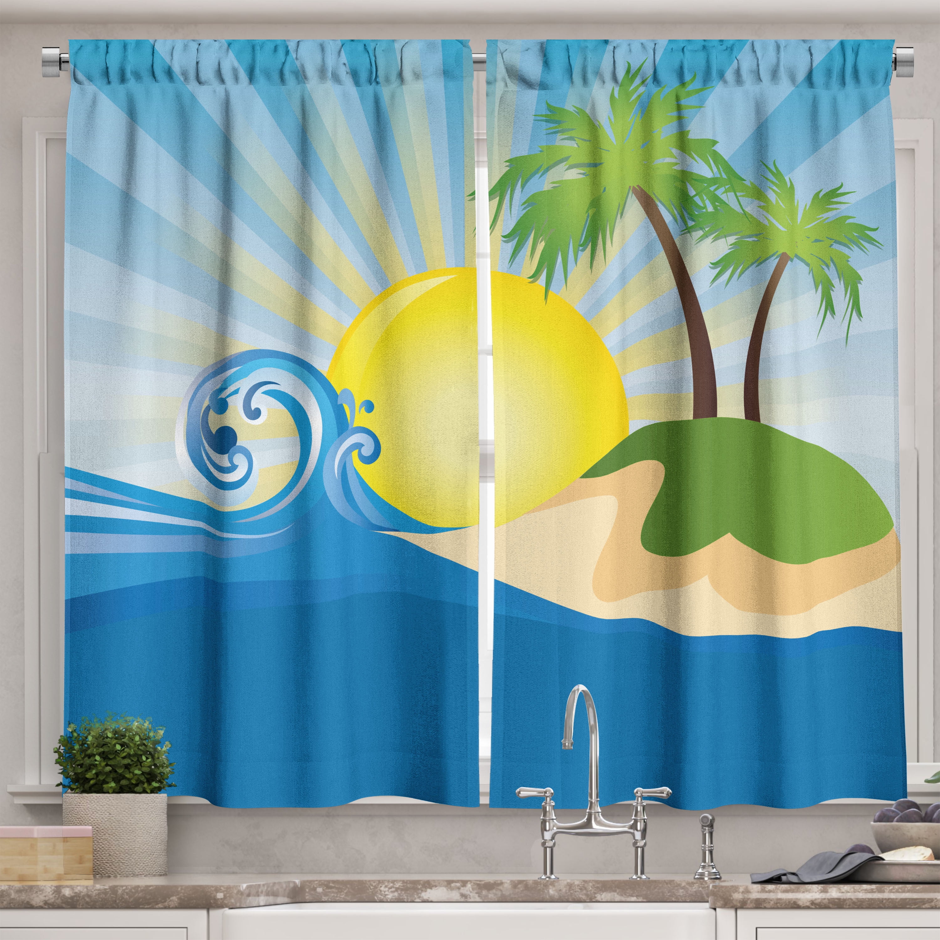 Ambesonne Beach Kitchen Curtains, Sun Rays Tropical Island, 55"x45 ...