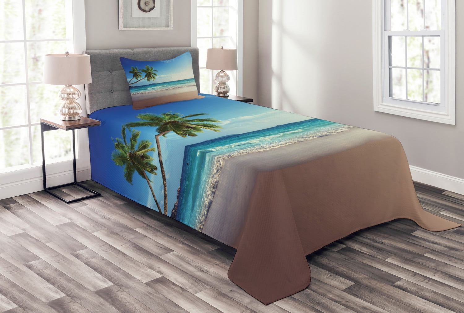 Ambesonne Beach Quilted Bedspread Set 2 Pcs, Scenic Island View Trees ...