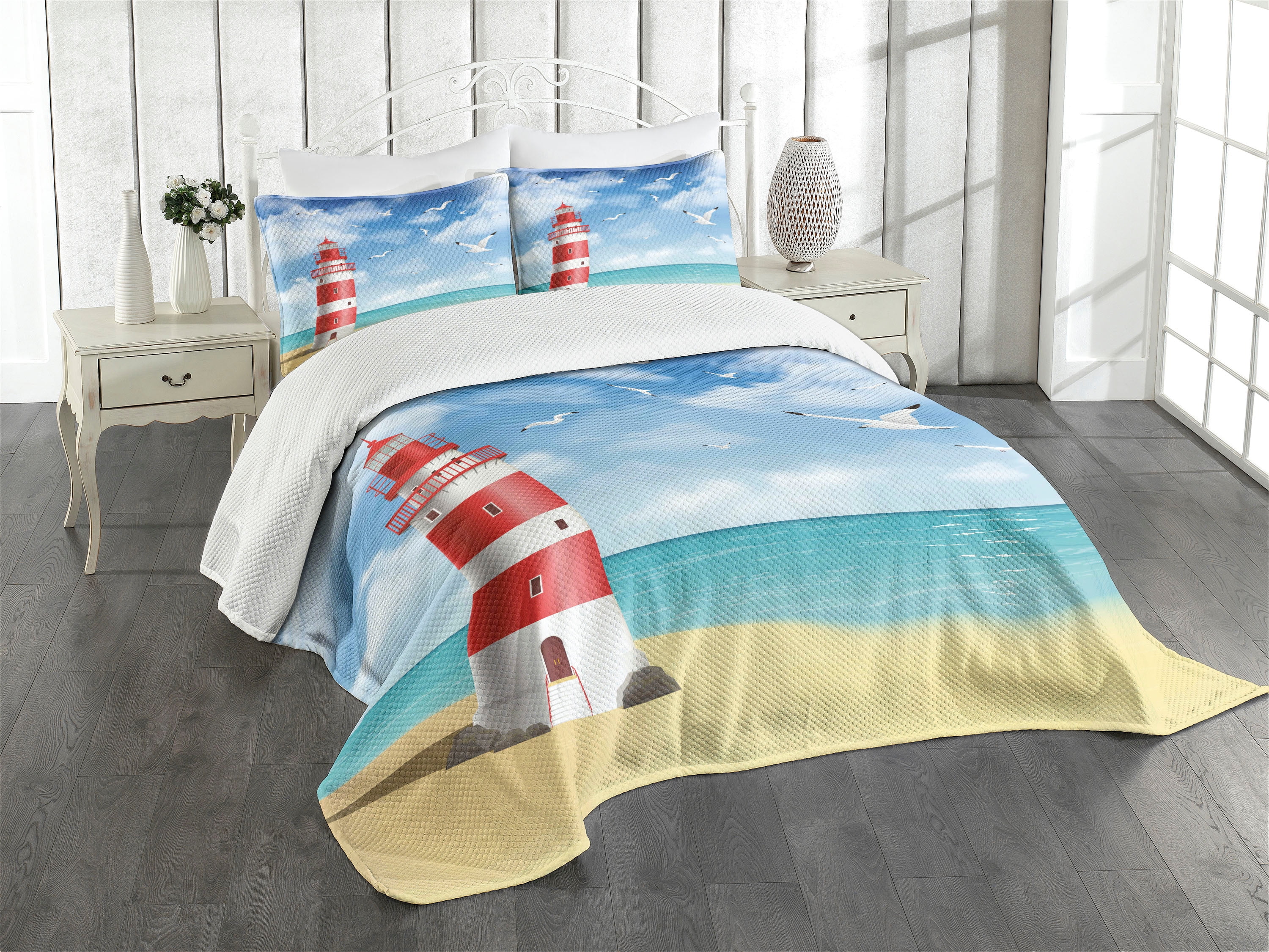 Ambesonne Beach Quilted Bedspread Set 3 Pcs, Lighthouse Seagulls Ocean ...