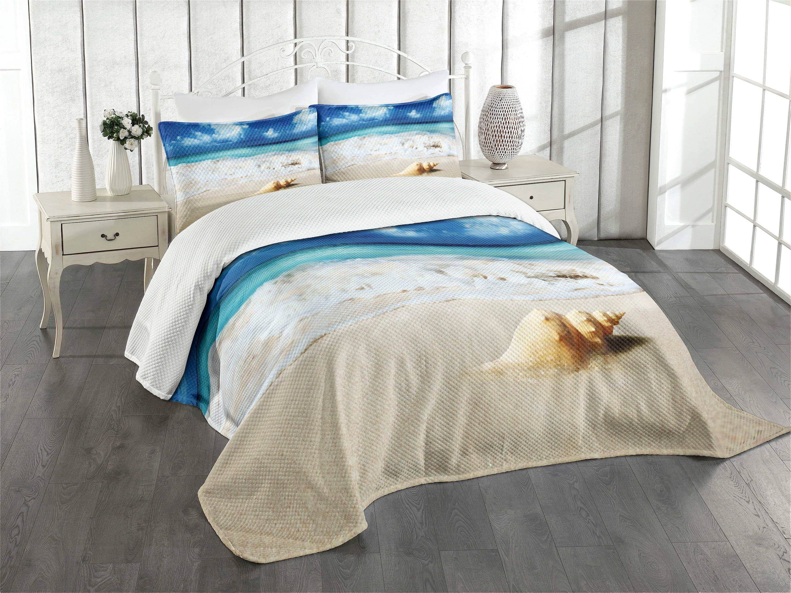Ambesonne Beach Quilted Bedspread Set 3 Pcs, Nautical Sunny Coastline ...