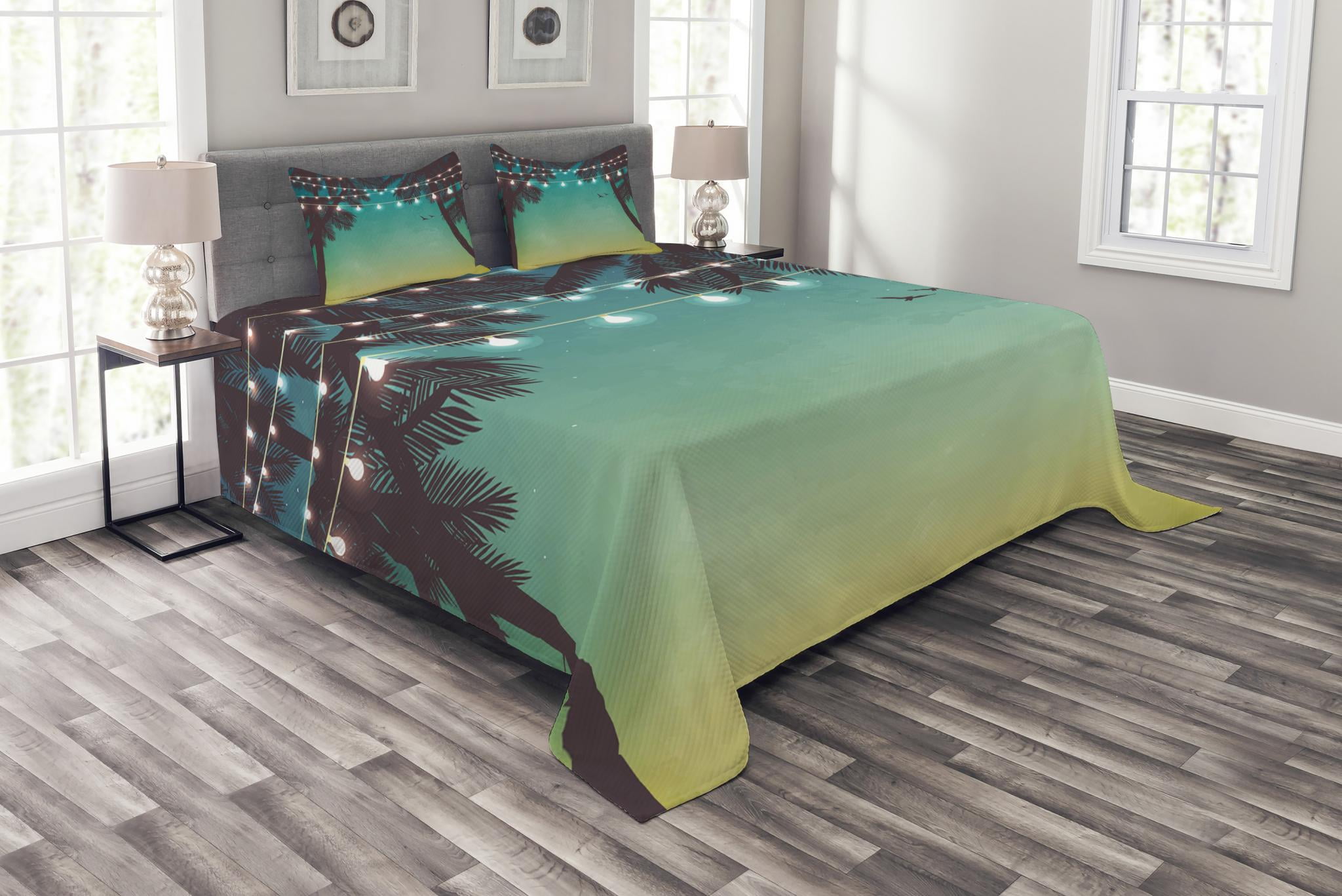 Ambesonne Beach Quilted Bedspread Set 3 Pcs, Night Time Sunset Palms ...