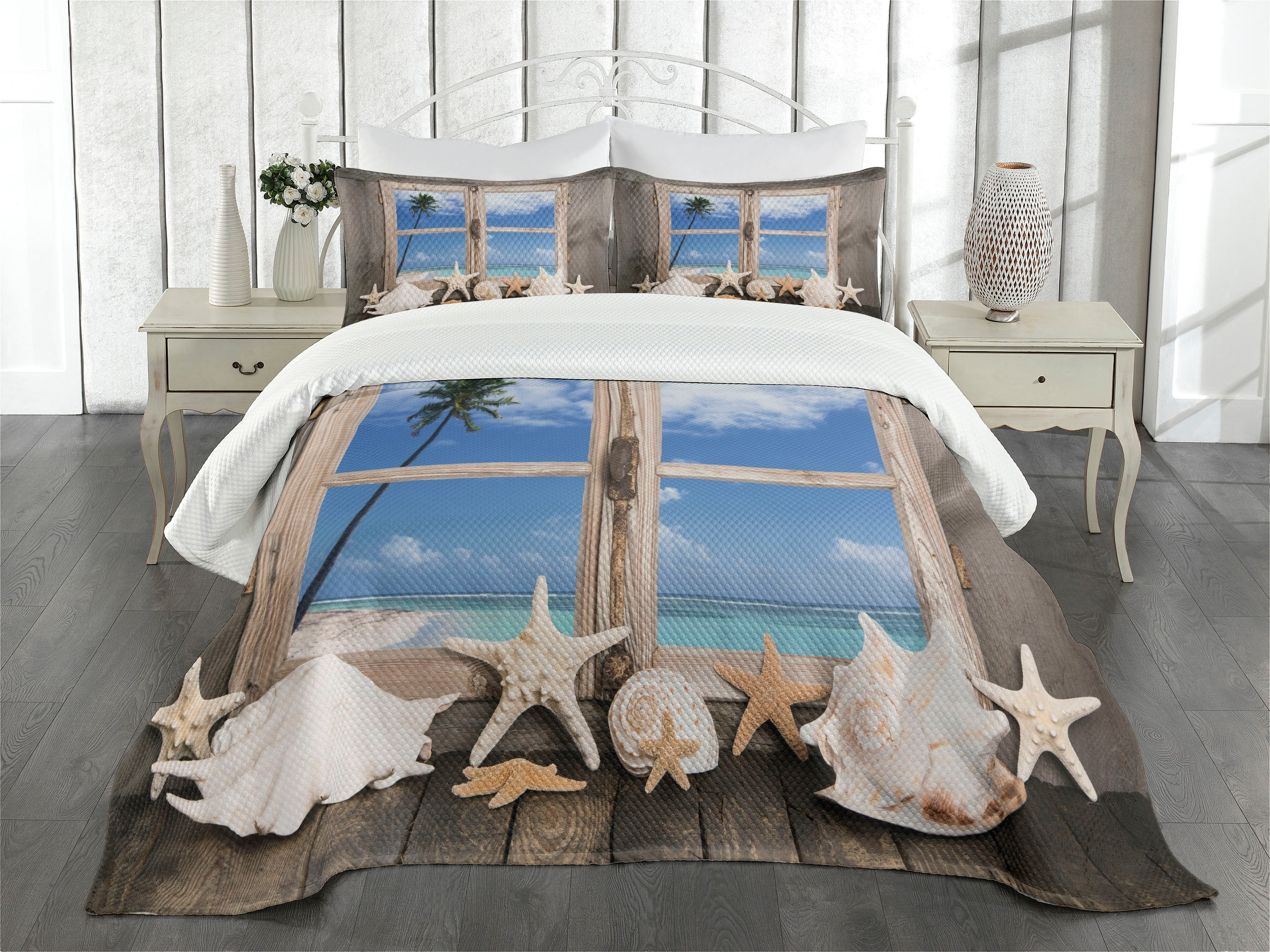 Ambesonne Beach Quilted Bedspread Set 3 Pcs, Seashells Starfish Palms ...