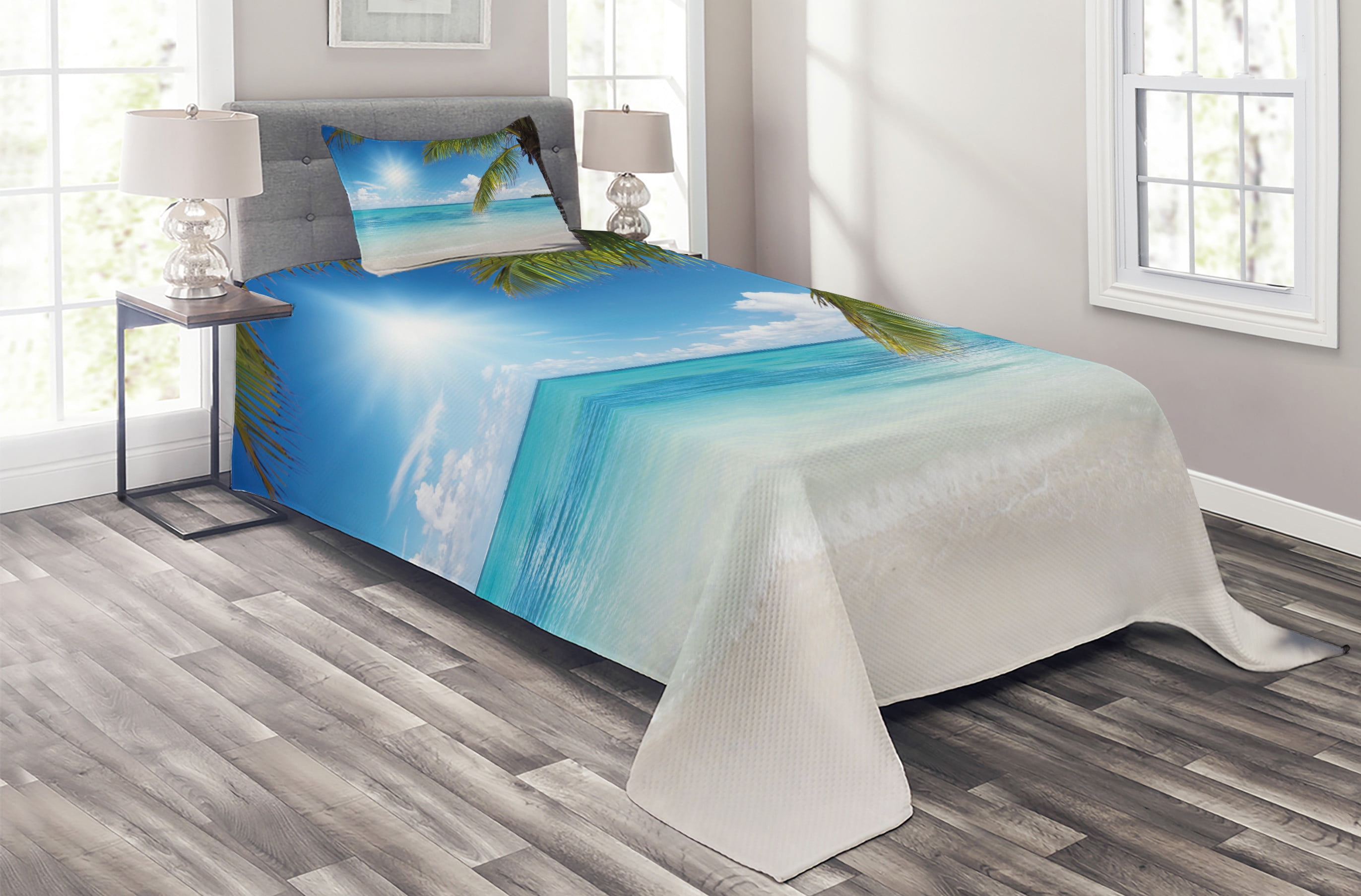 Ambesonne Beach Quilted Coverlet 2 Pcs, Tropical Seashore Palms, Twin ...