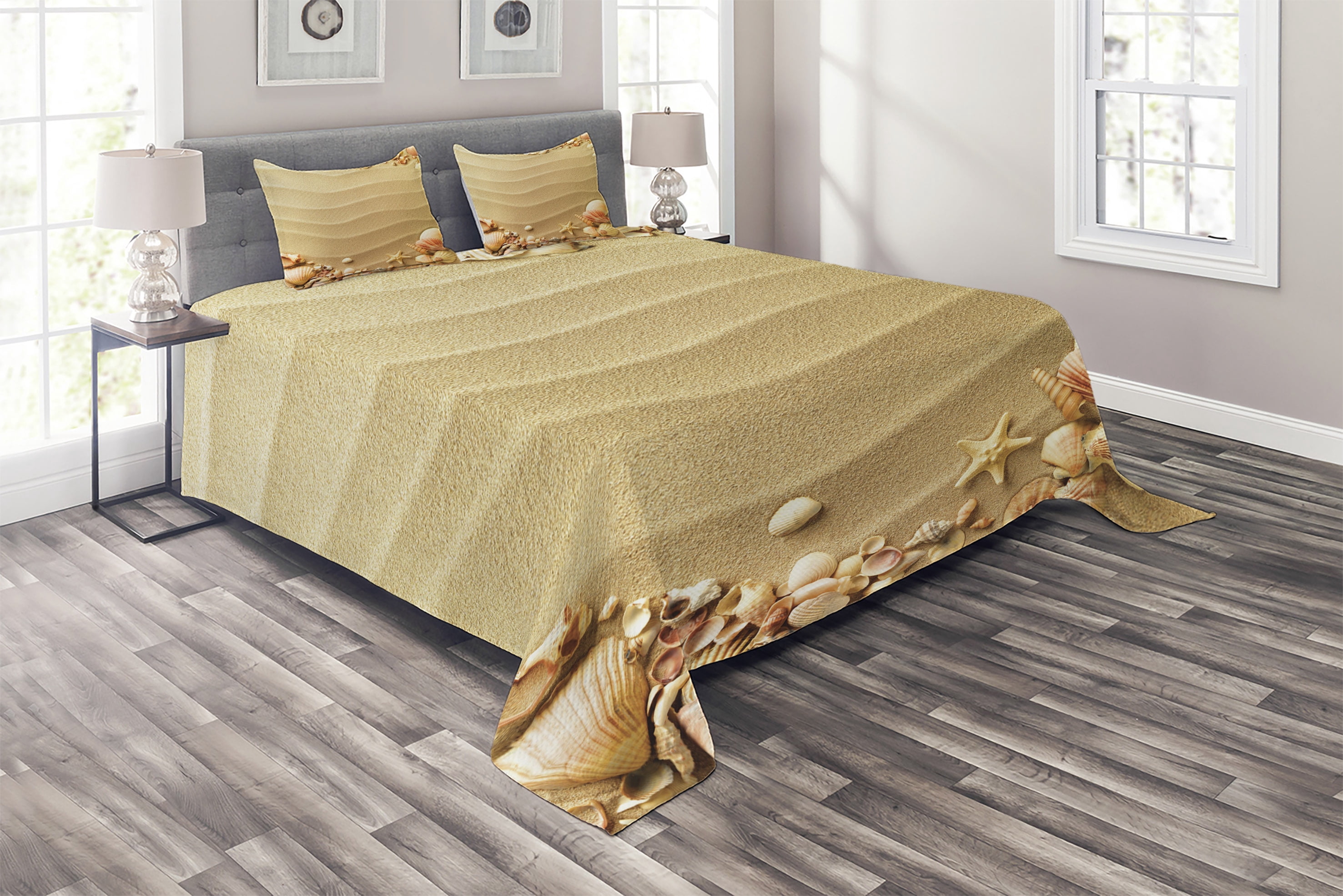 Ambesonne Beach Quilted Coverlet 3 Pcs, Sand with Sea Shells, King Size ...