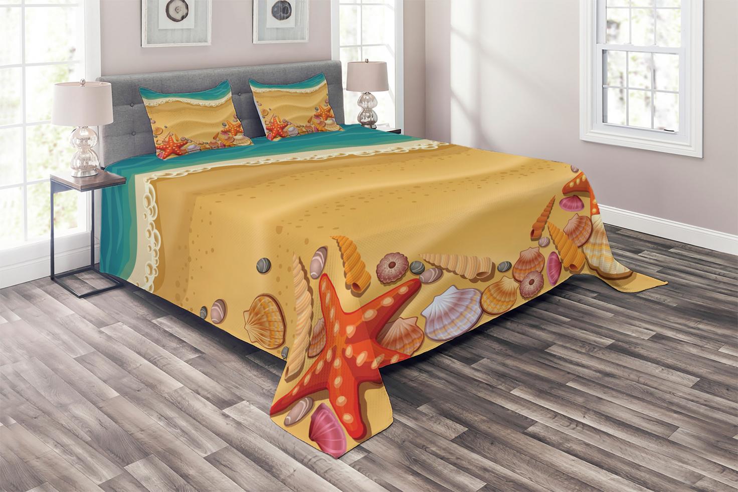 Ambesonne Beach Quilted Coverlet 3 Pcs, Seashell on Shore Cartoon, King ...