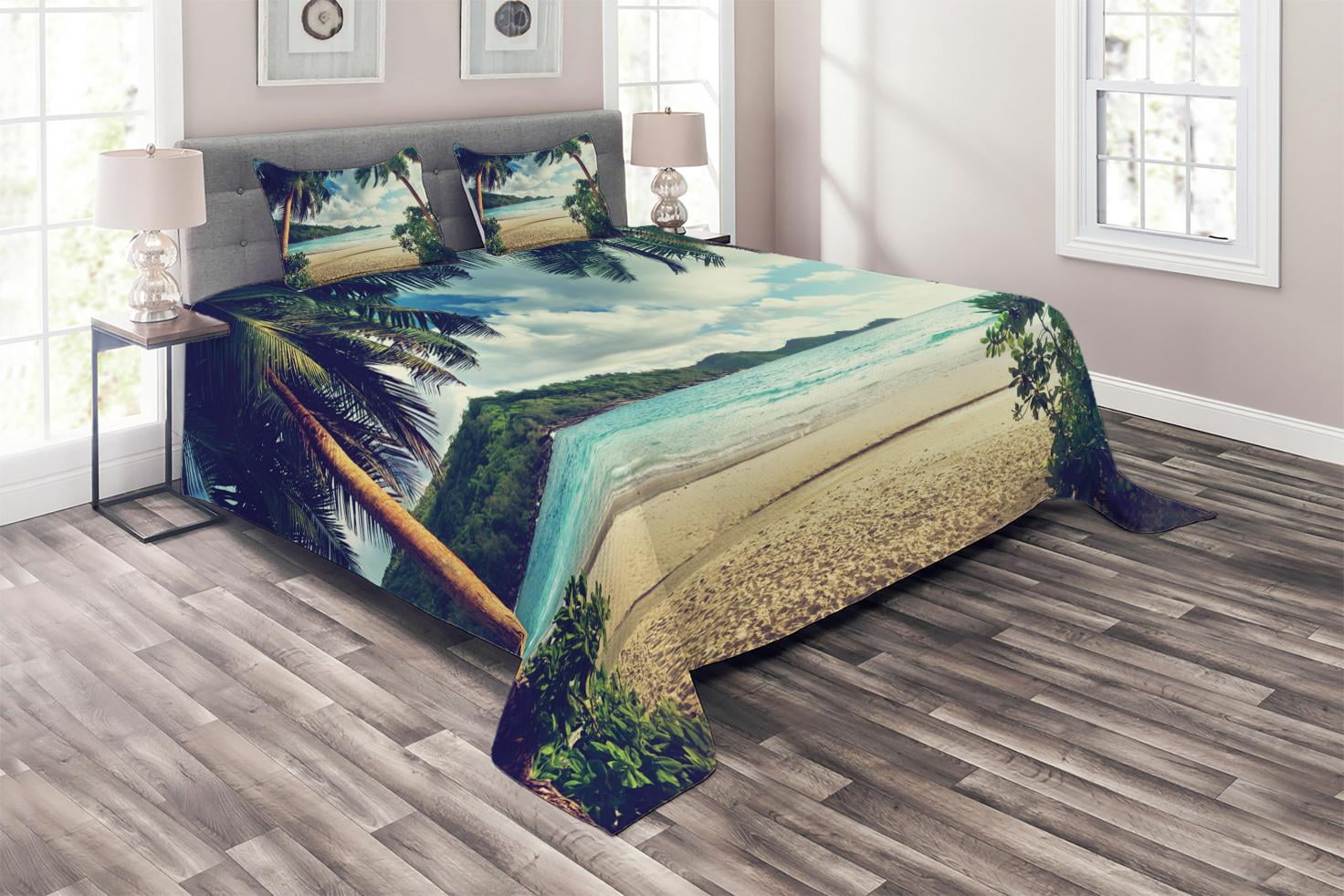 Ambesonne Beach Quilted Coverlet 3 Pcs, Summer Vintage Tropical, Queen ...