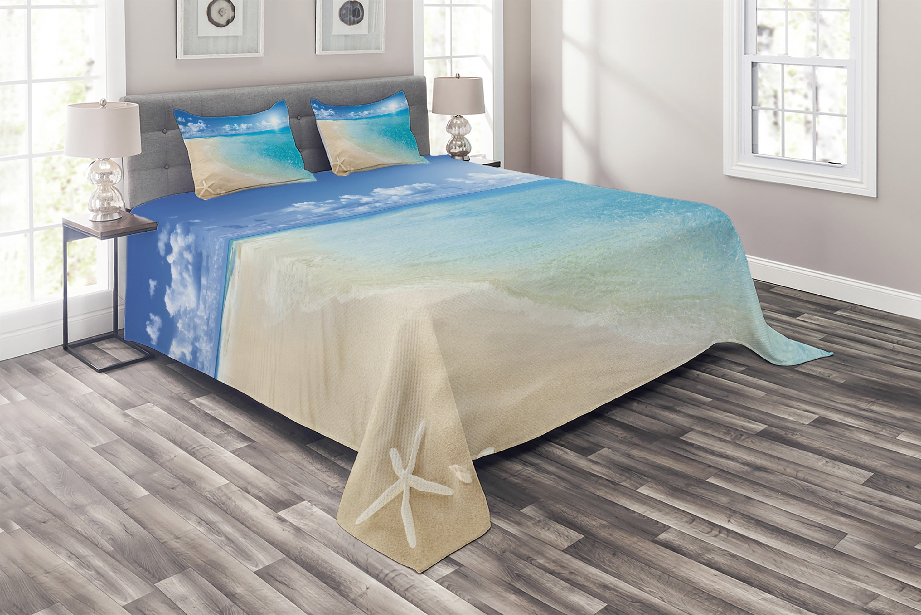 Ambesonne Beach Quilted Coverlet 3 Pcs, Sunny Seashore and Shells, King ...