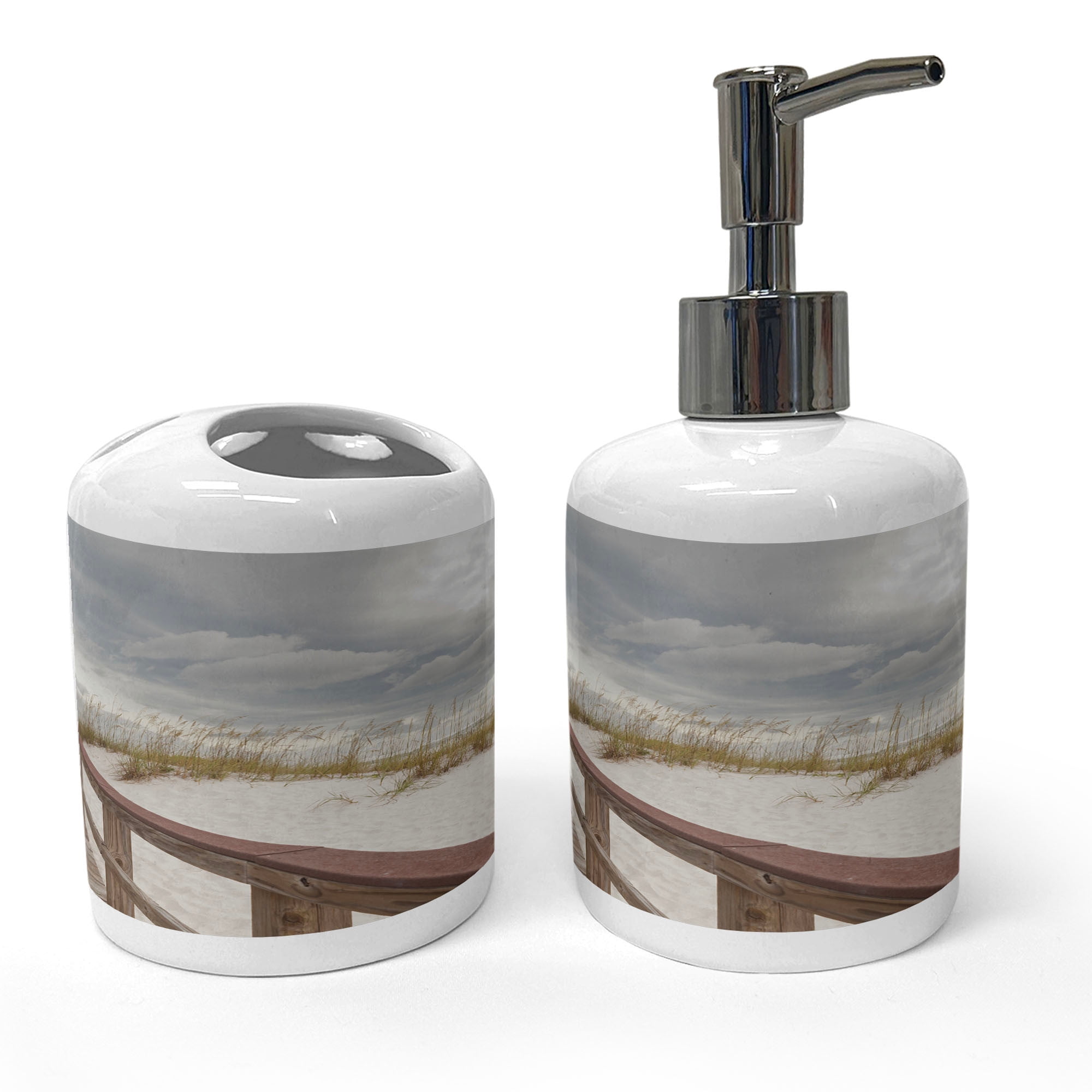 Ambesonne Beach Soap Dispenser & Toothbrush Holder Set, Tropical Gulf ...