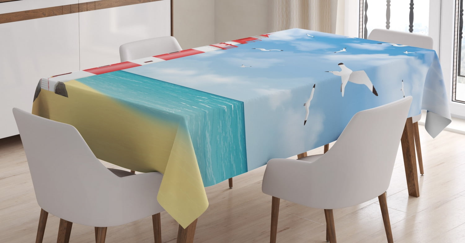 Ambesonne Beach Tablecloth Rectangular Table Cover, Lighthouse Seagulls ...