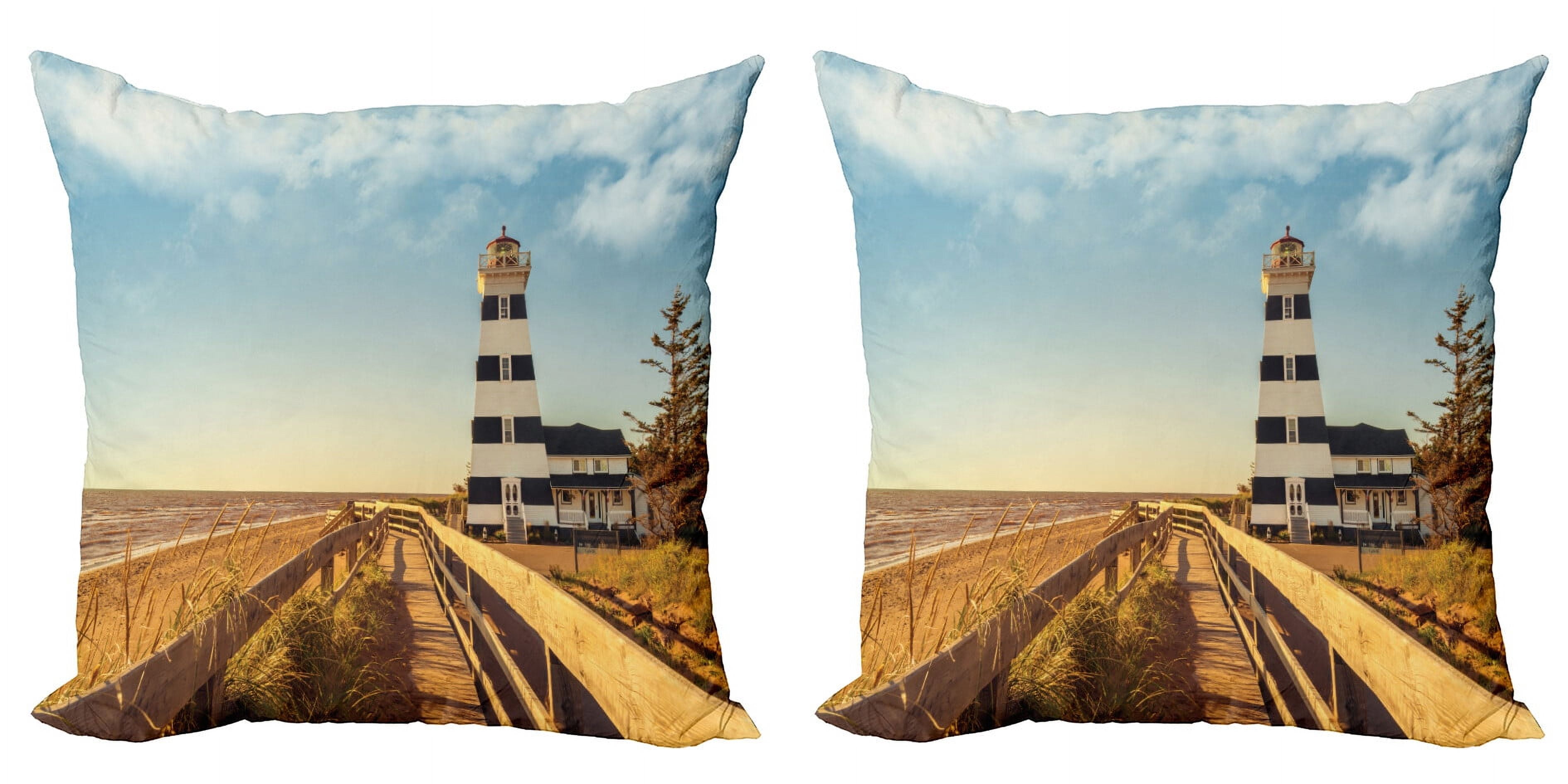 Ambesonne Beach Throw Pillow Cover 2 Pack, Lighthouse Sea Waves, 16 ...