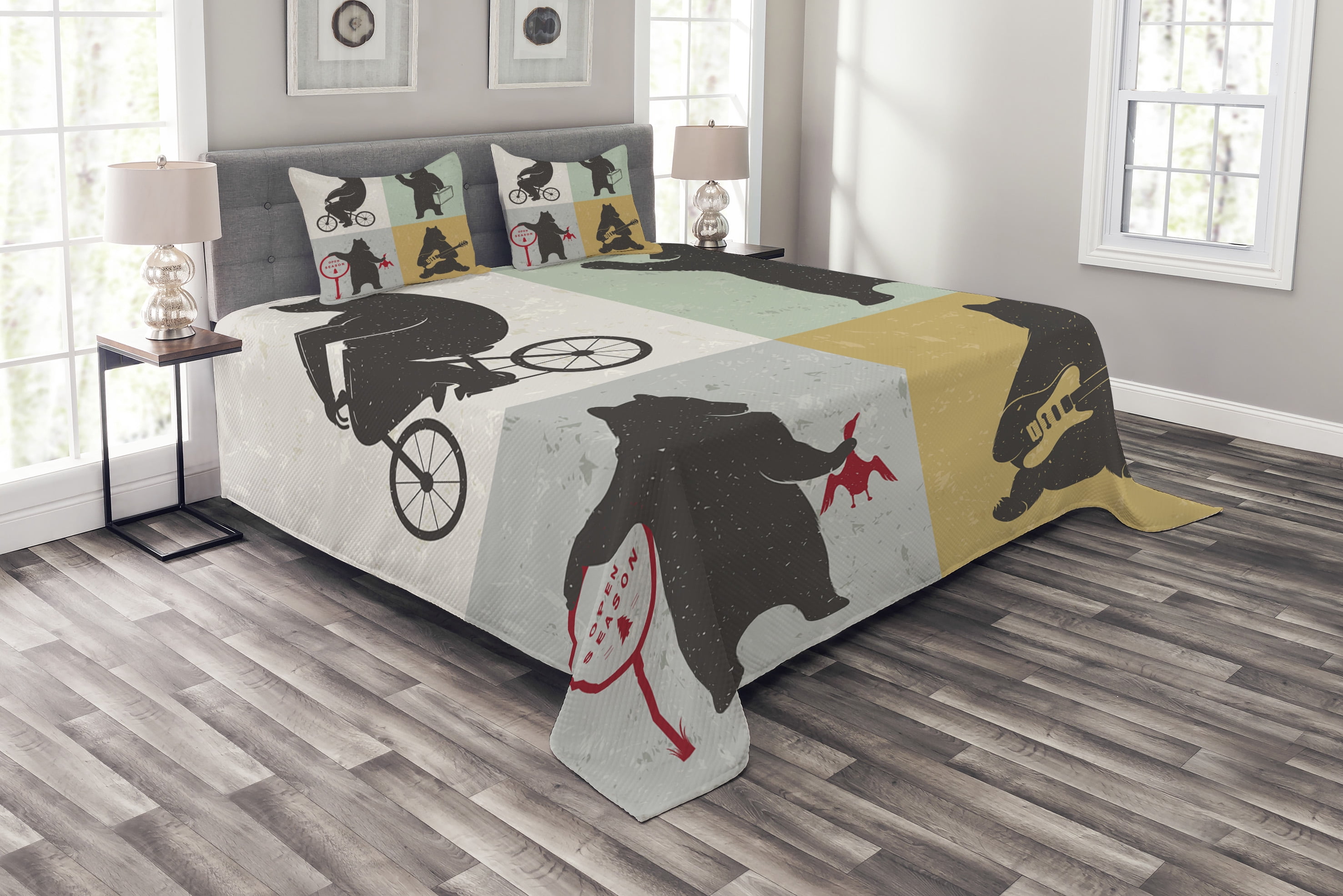 Ambesonne Bear Quilted Bedspread Set 3 Pcs, Funny Frames Drawing Style ...