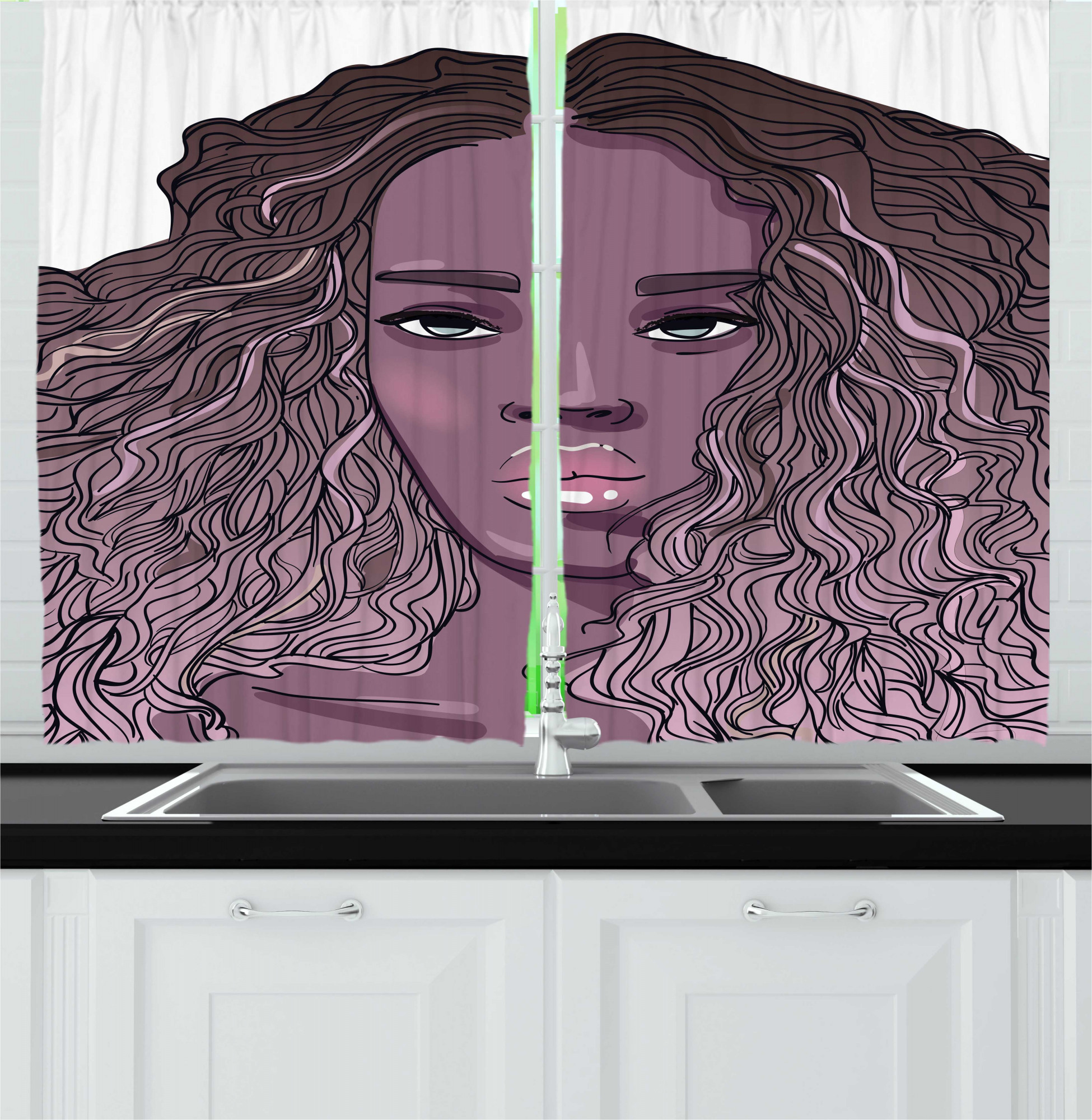 Ambesonne Beauty Kitchen Curtains, Lady with Curly Long Hair, 55"x45 ...