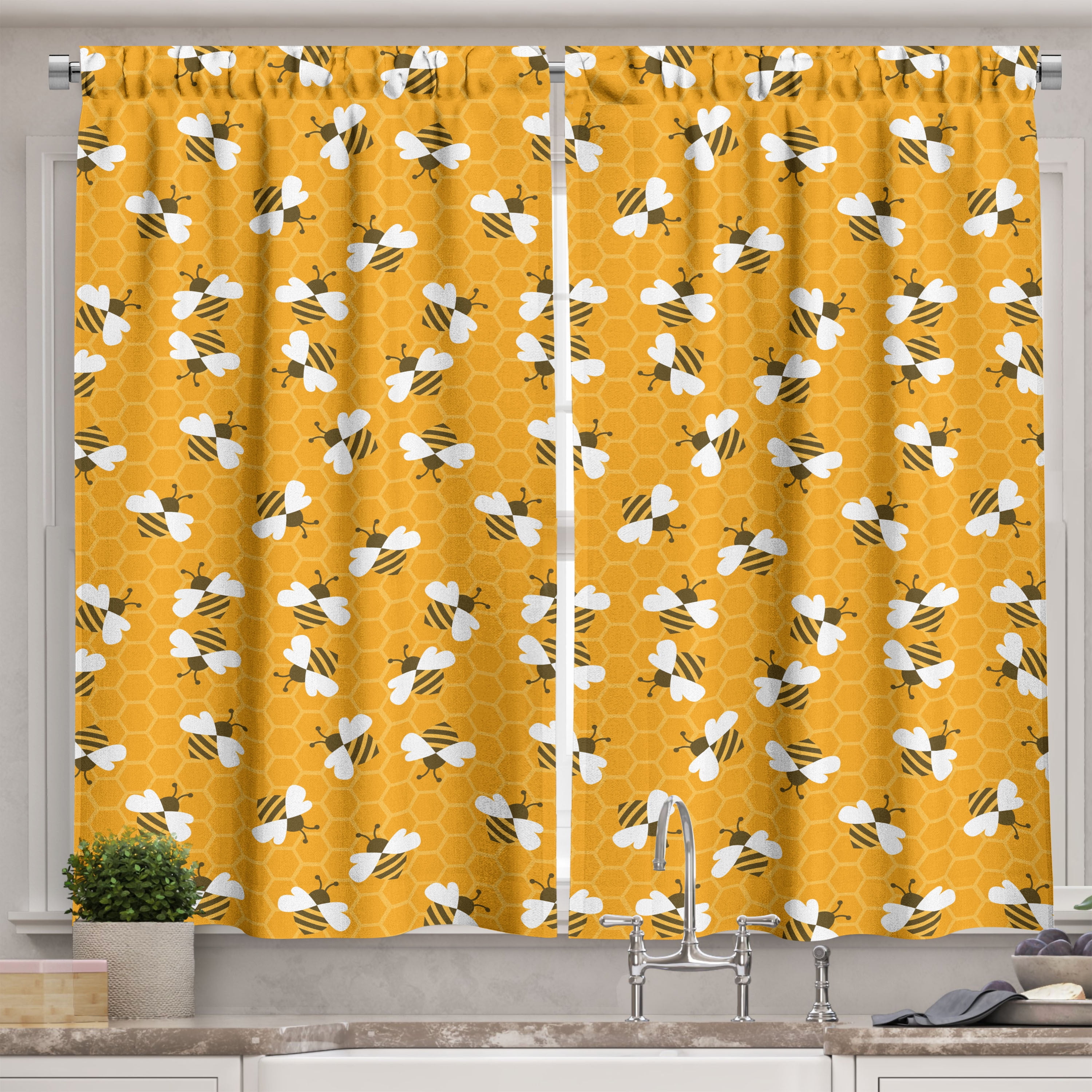 Ambesonne Bee Kitchen Curtains, Bees Producing Honey Cells, 55"x39 ...