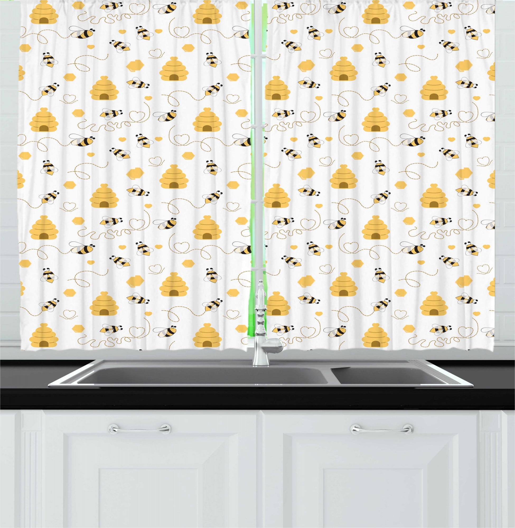 Ambesonne Bee Kitchen Curtains, Flying Bugs Hearts Beehives, 55"x45 ...