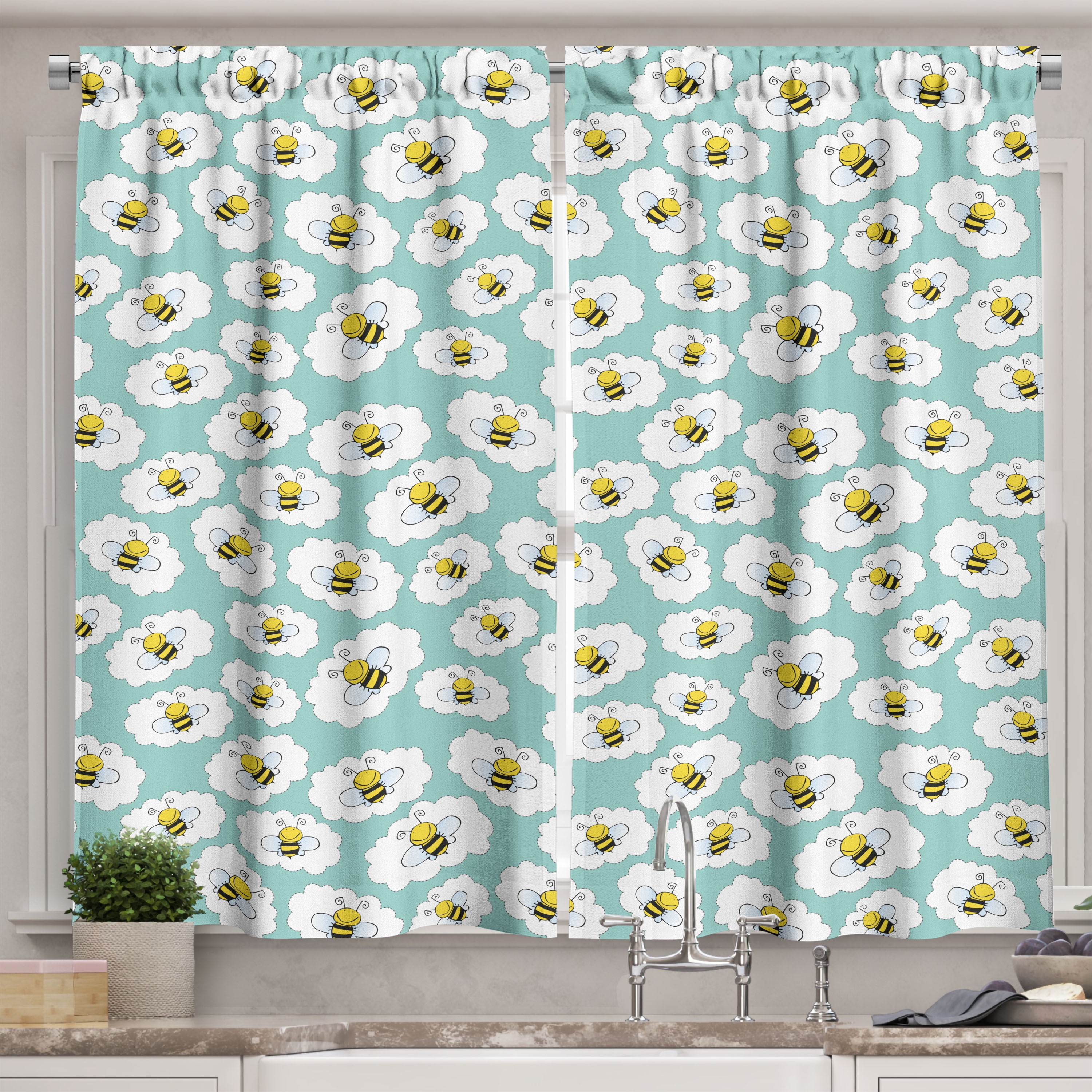 Ambesonne Bee Kitchen Curtains, Honeybees in Cloud Motifs Art, 55"x45 ...