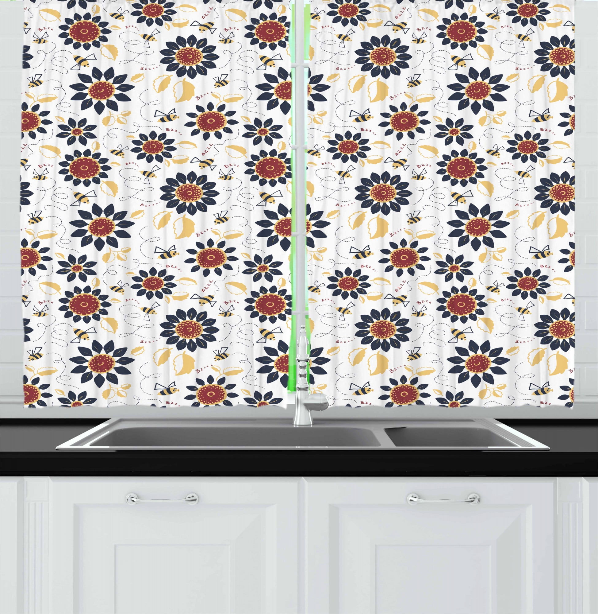 Ambesonne Bee Kitchen Curtains, Sunflowers and Funny Bees, 55"x45", Dark Blue Ruby Mustard ...