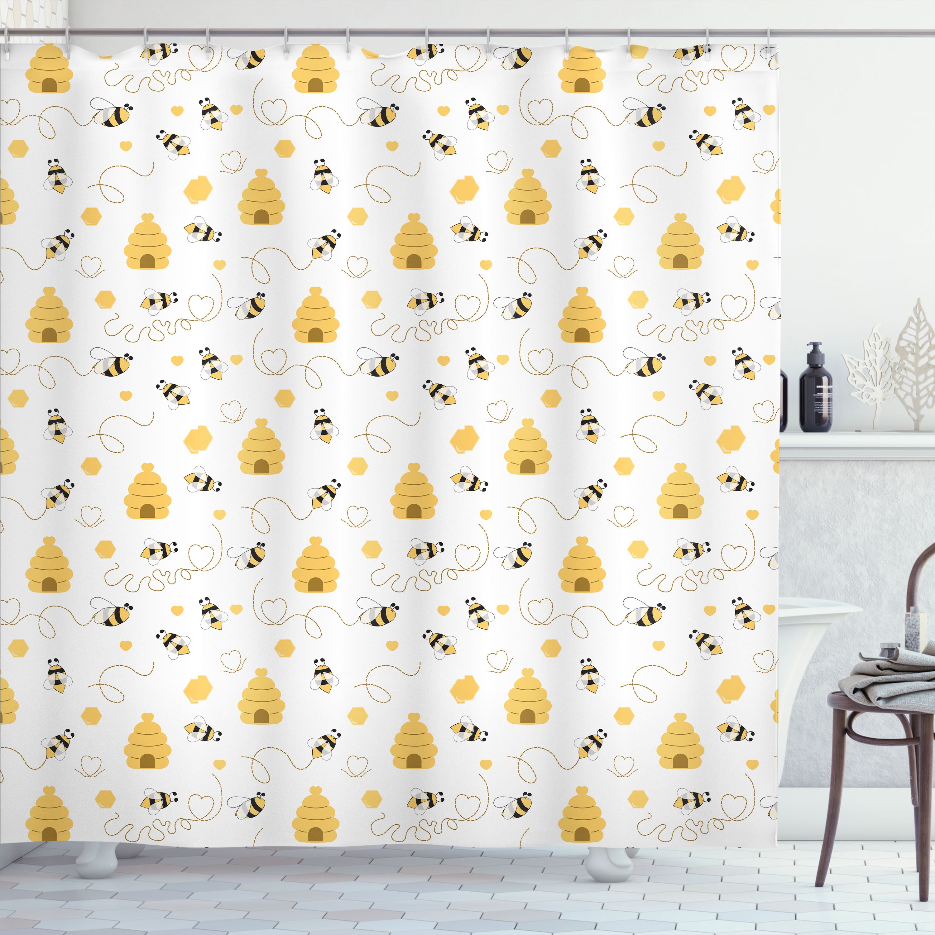 Ambesonne Bee Shower Curtain, Flying Bugs Hearts Beehives, 69"Wx75"L ...