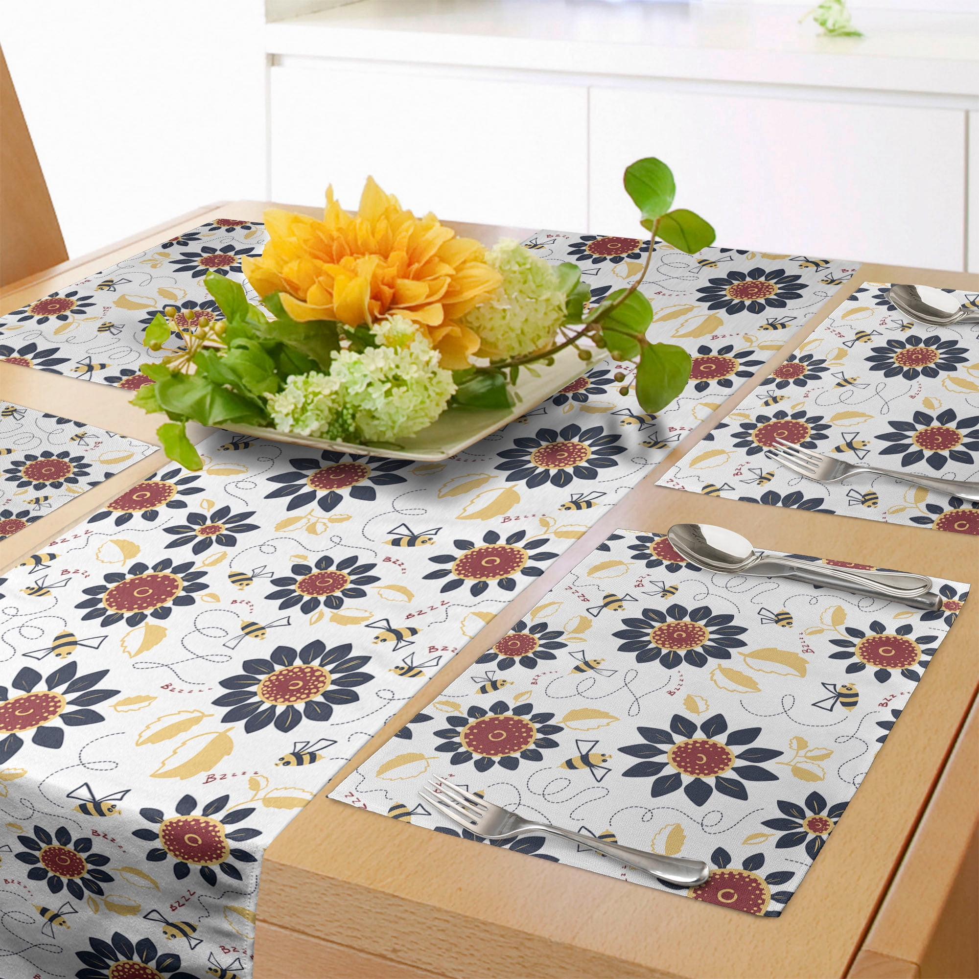 Ambesonne Bee Table Runner & Placemats, Sunflowers and Funny Bees ...