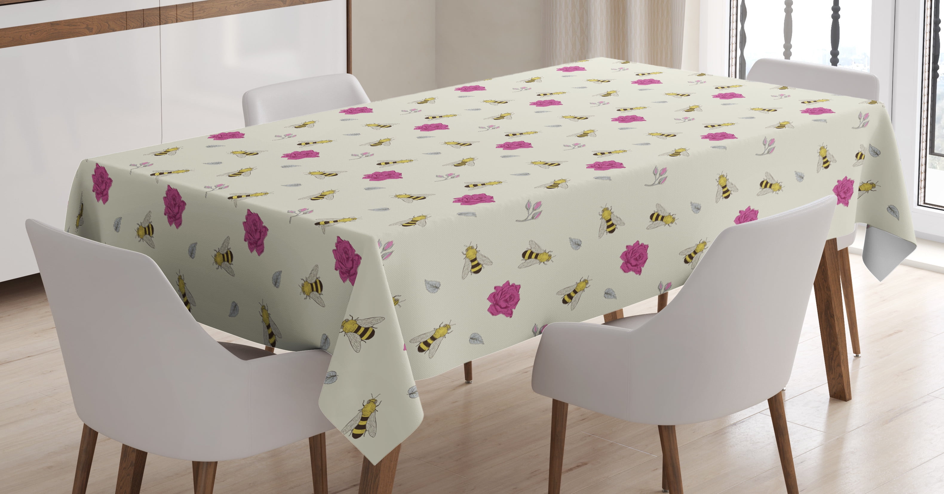 Ambesonne Bee Tablecloth Rectangular Table Cover, Hand-Drawn Bees Rose ...