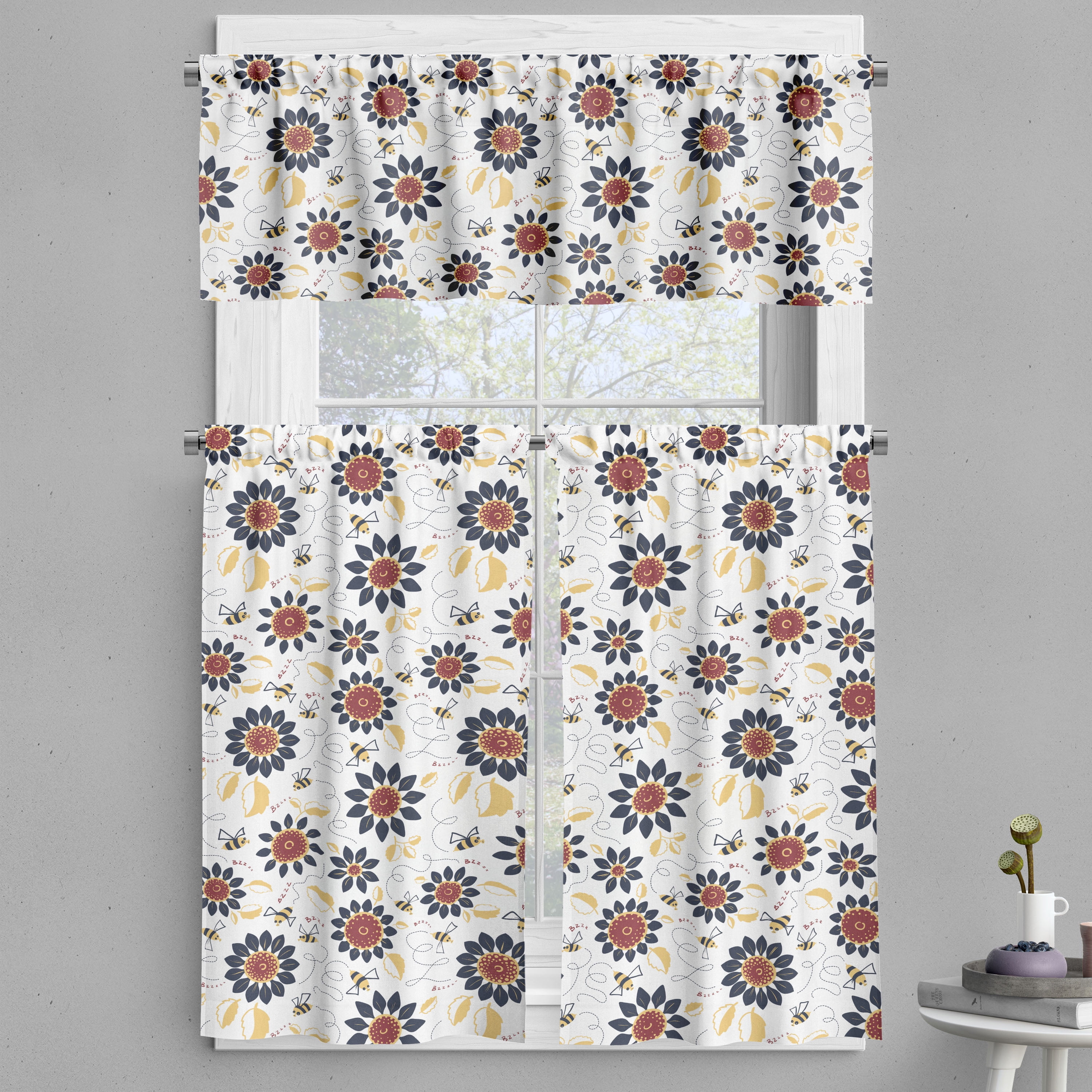 Ambesonne Bee Valance & Curtain, Sunflowers and Funny Bees, 55"x24 ...