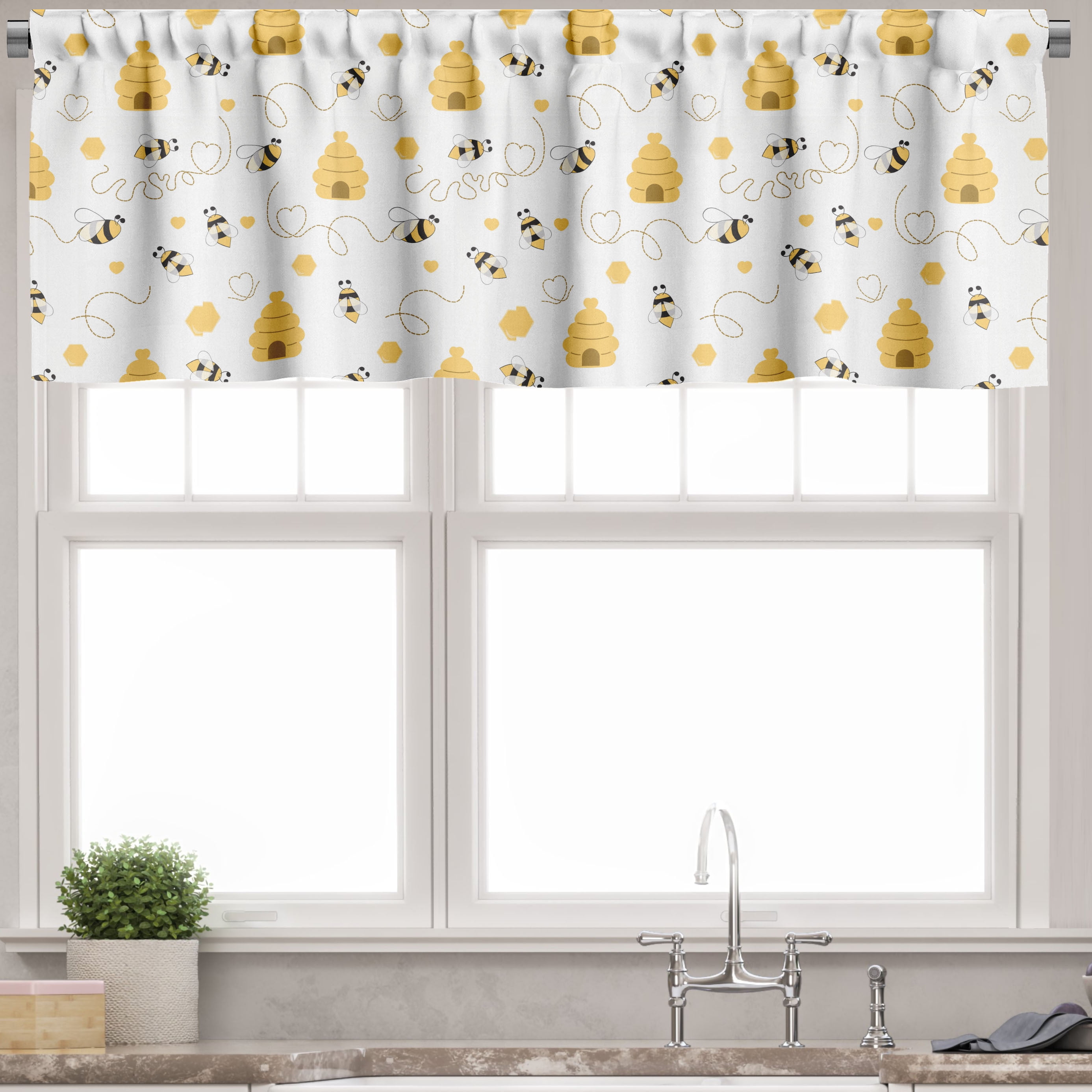 Ambesonne Bee Valance Pack of 2, Flying Bugs Hearts Beehives, 54"X12 ...