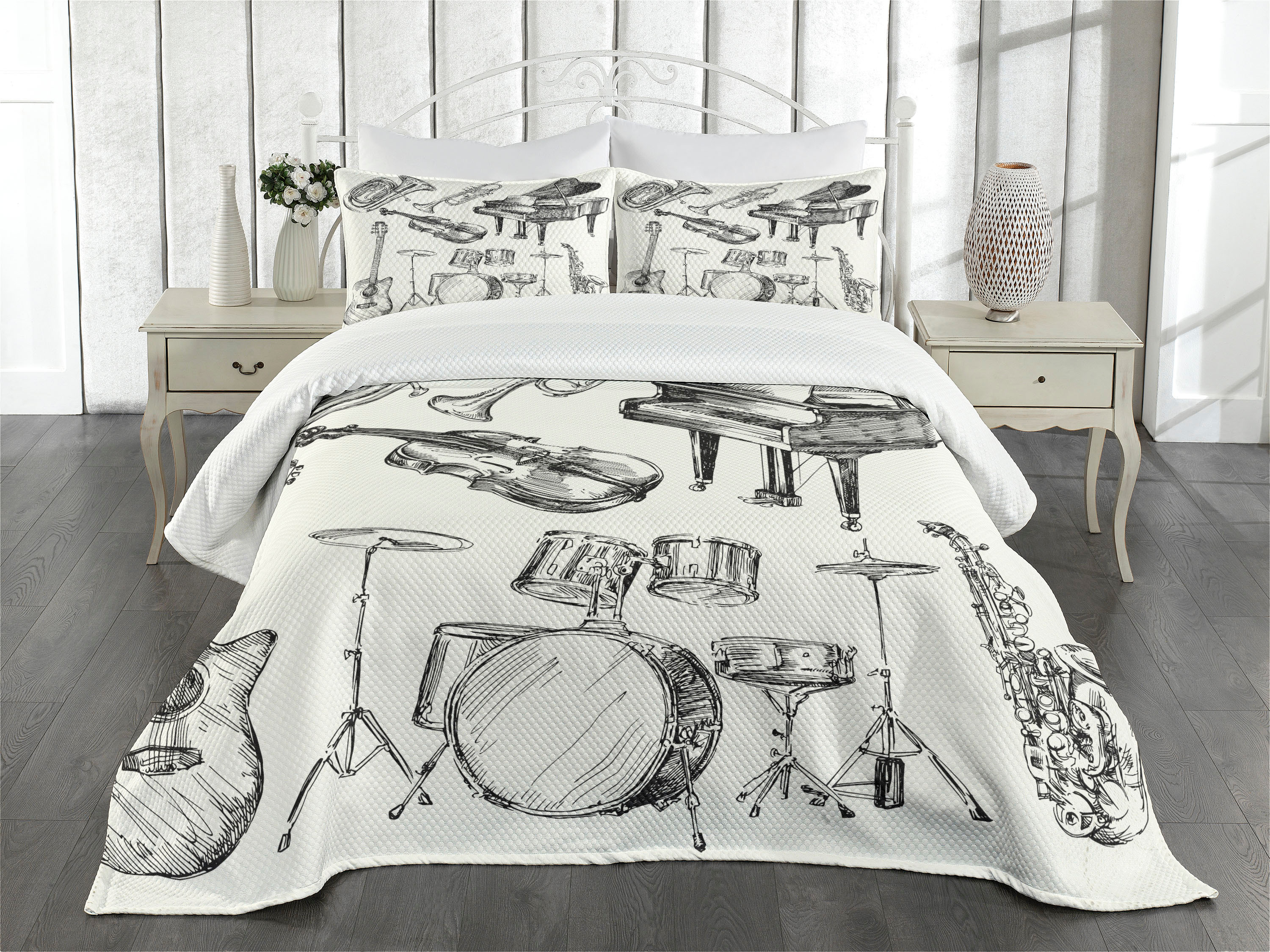 Ambesonne Beige Black Quilted Bedspread Set 3 Pcs, Musical Instruments ...