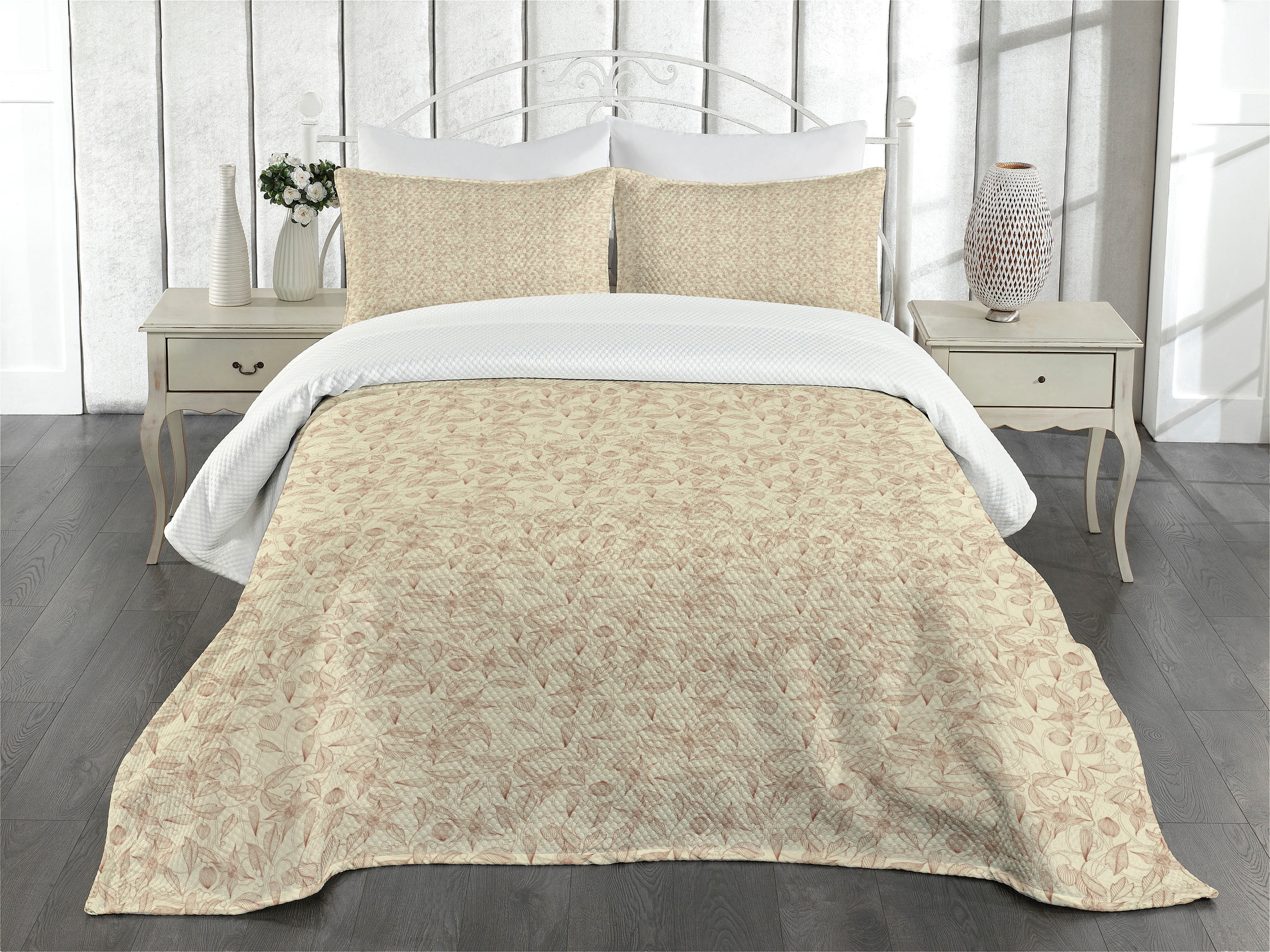 Ambesonne Beige Quilted Bedspread Set 3 Pcs, Retro Art Nouveau, Queen ...