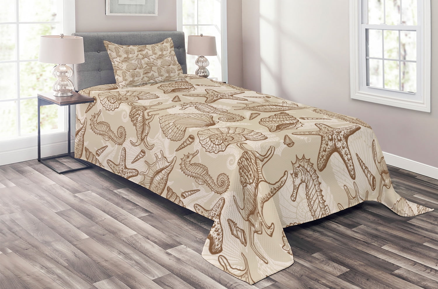 Ambesonne Beige Quilted Coverlet 2 Pcs, Exotic Marine Animals, Twin ...
