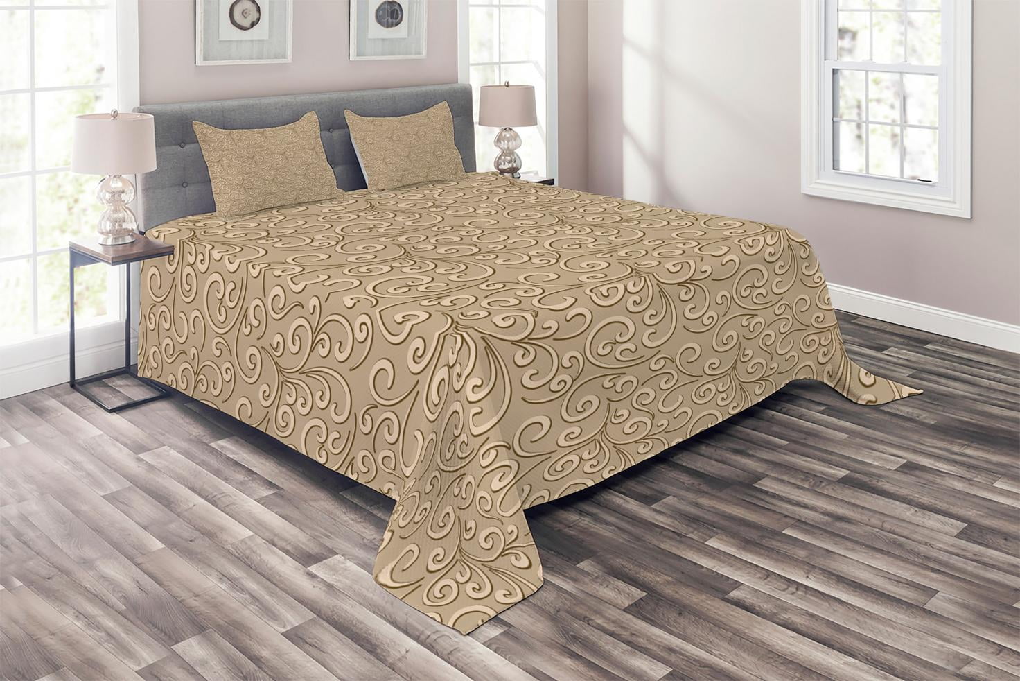 Ambesonne Beige Quilted Coverlet 3 Pcs, Damask Floral Victorian, Queen ...