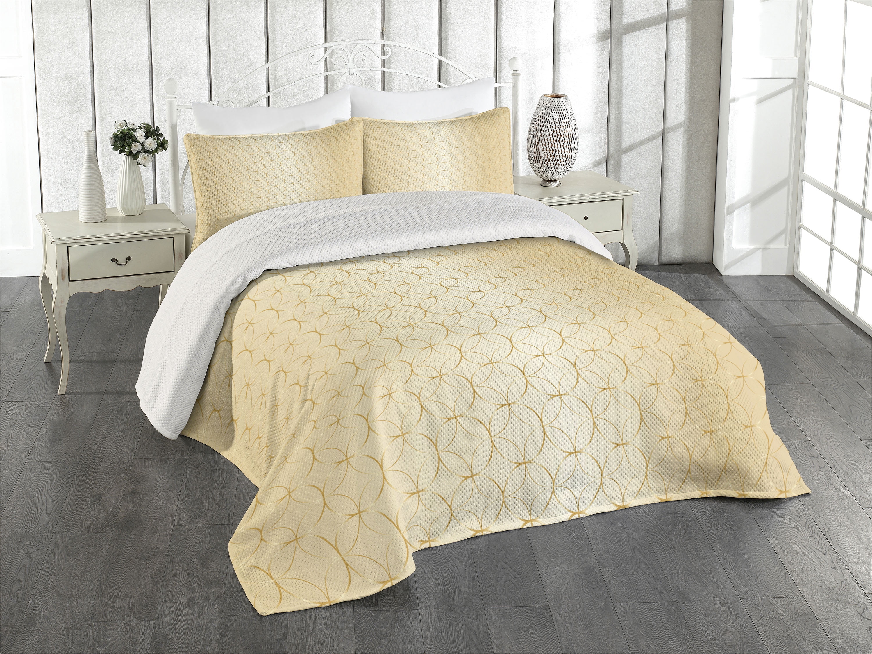 Ambesonne Beige Quilted Coverlet 3 Pcs, Geometric Gold Patterns, King ...