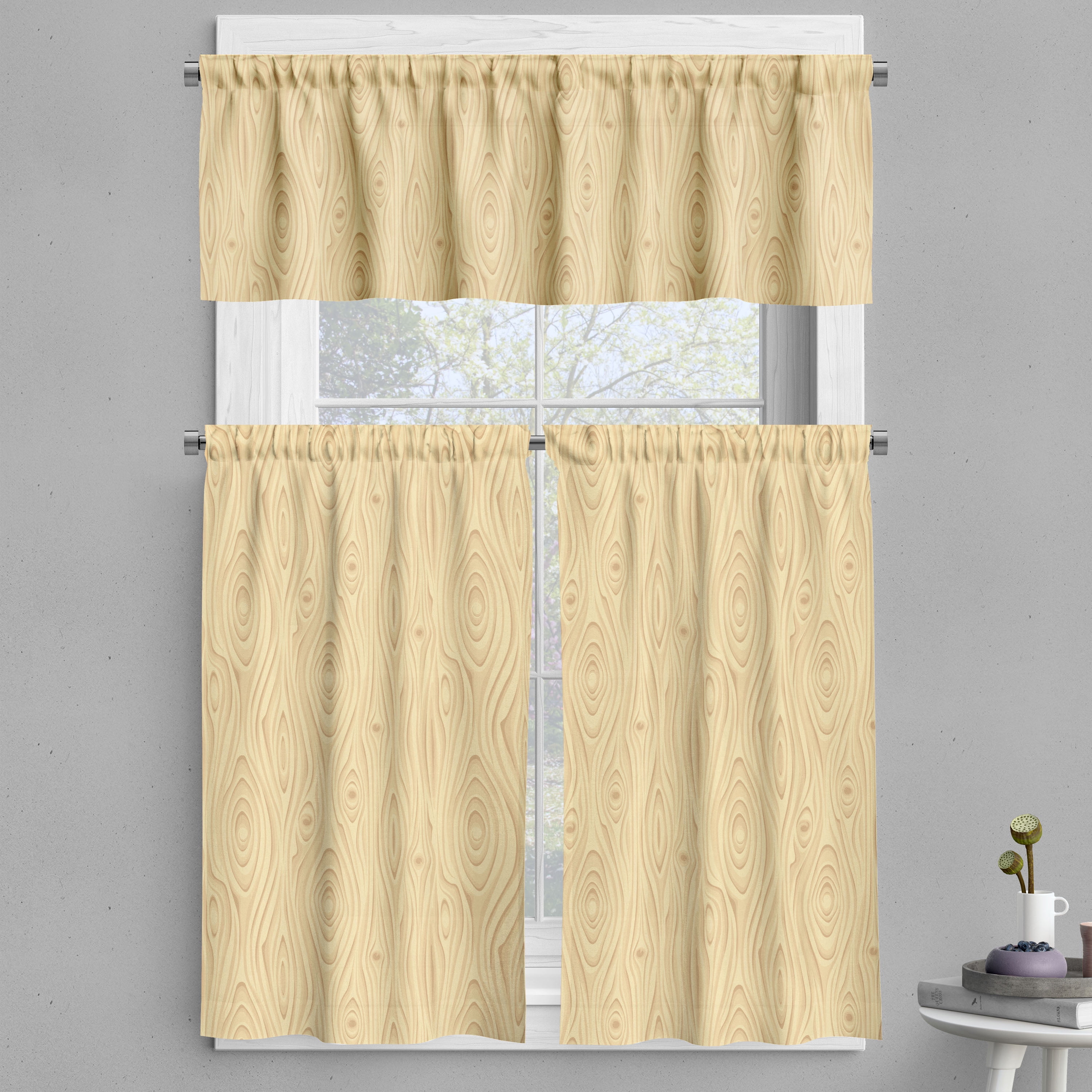 Ambesonne Beige Valance & Curtain, Wooden Texture Organic, 55"x24 ...