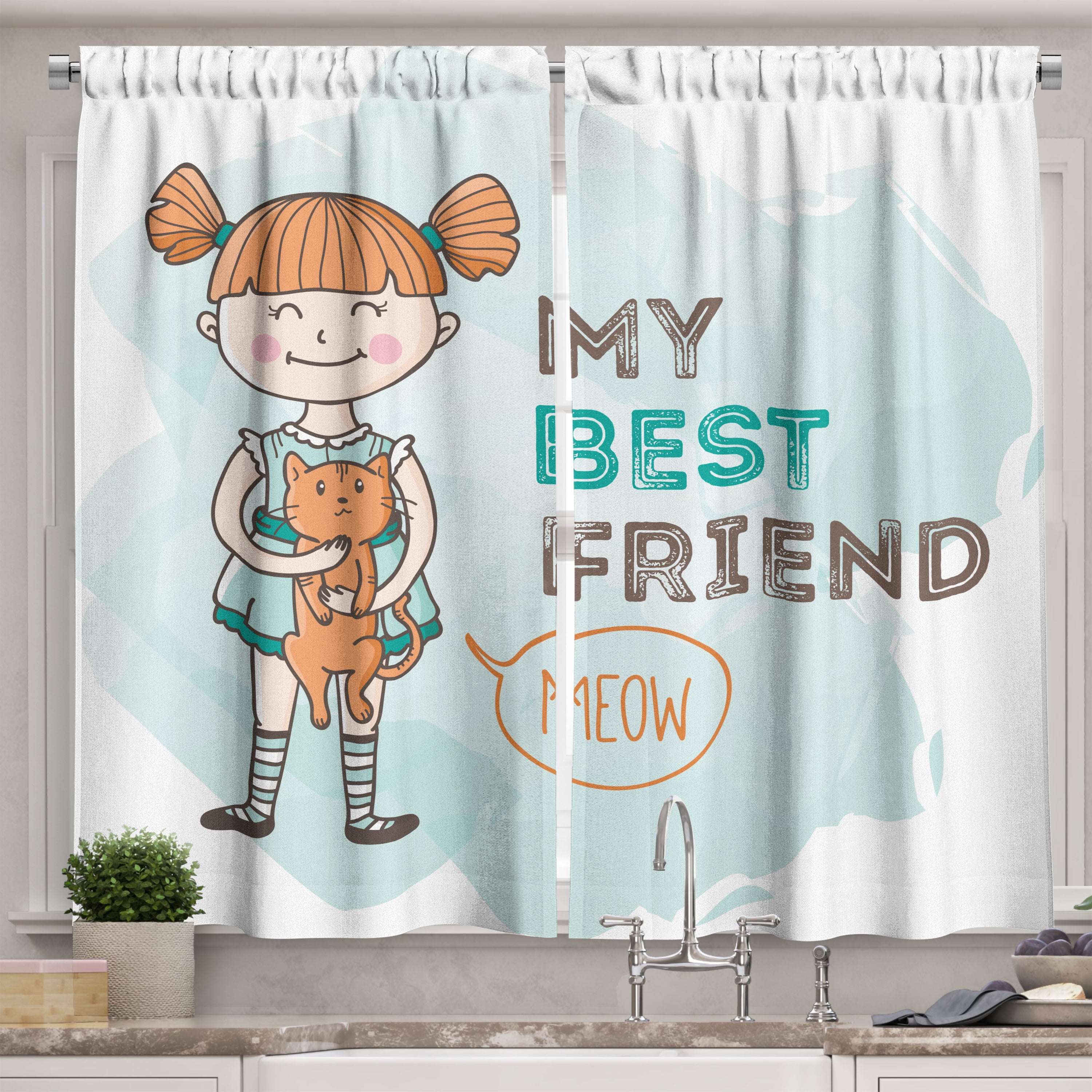 Ambesonne Best Friend Kitchen Curtains, Girl Holding a Cat, 55"x45 ...